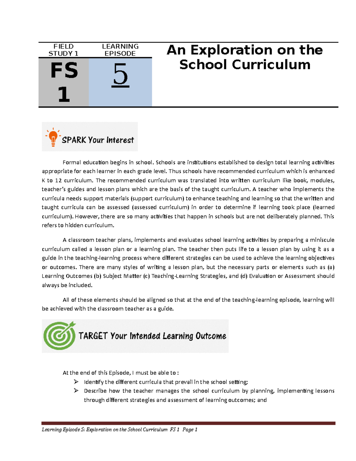 Field Study 1 E5 Exploration on the school curriculum - FIELD STUDY 1 ...
