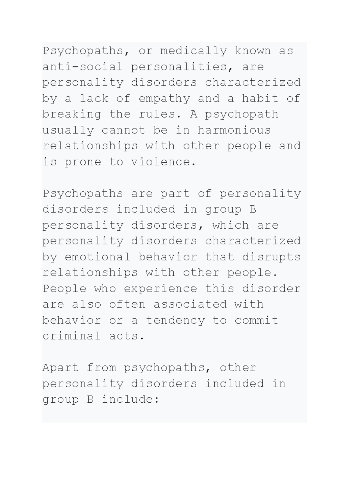 English - example of making short story - Psychopaths, or medically ...