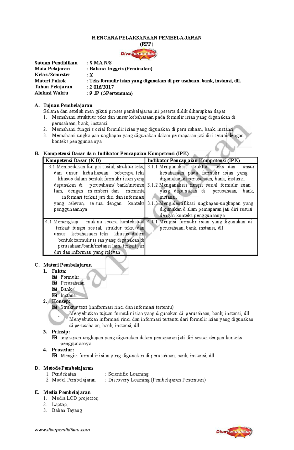 Bingp X - Lesson Plan - R ENCANA PELAKSANAAN PEMBELA JARAN (RPP) Satuan ...