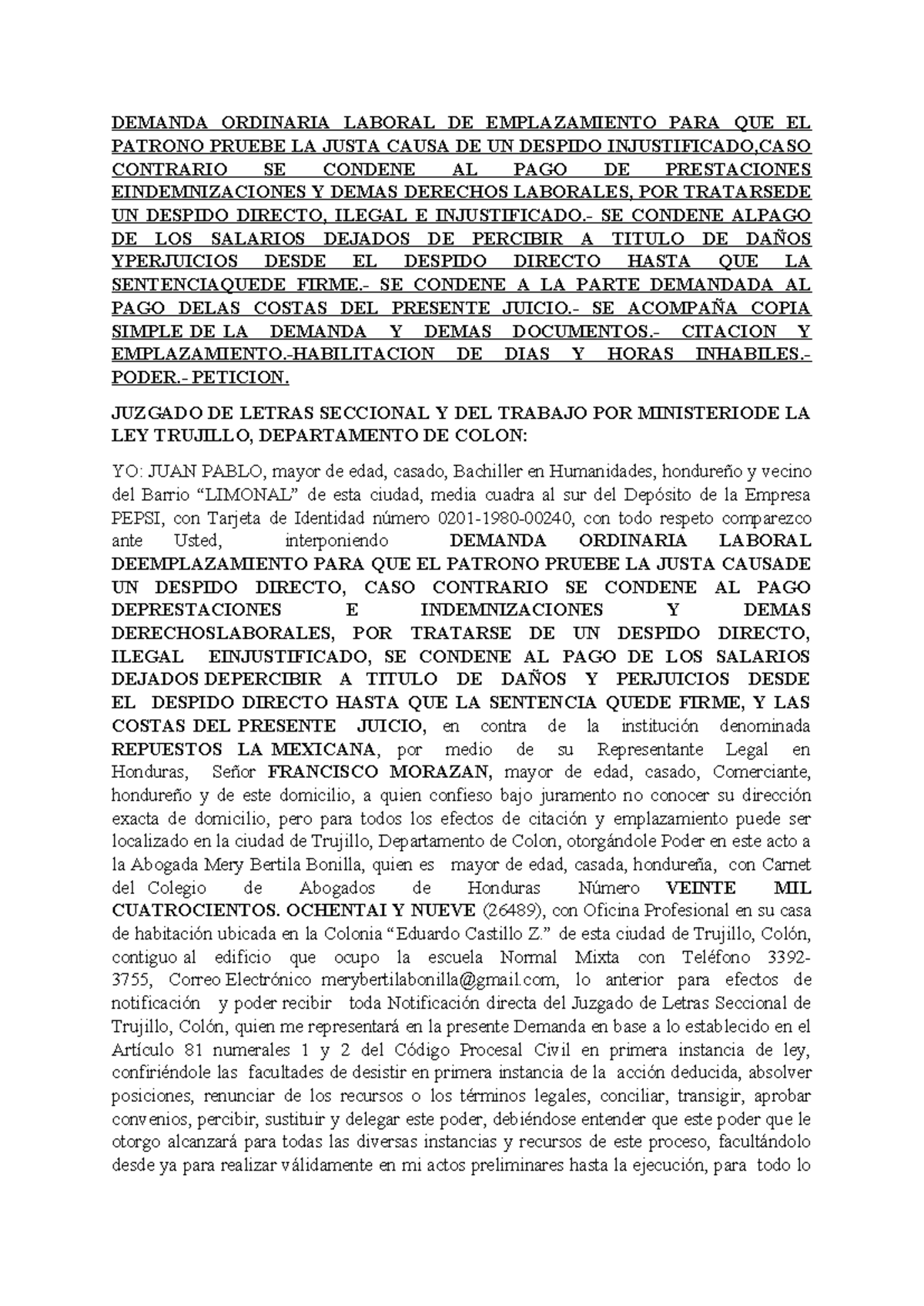 despido directo laboral de Honduras año 2023 - DEMANDA ORDINARIA ...