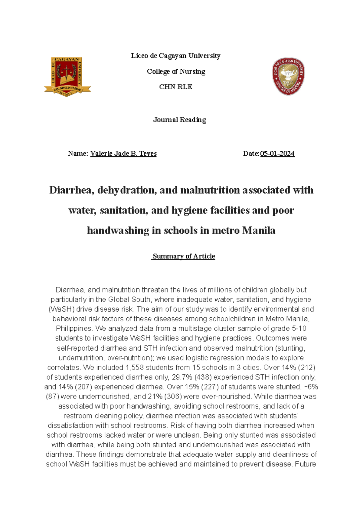 Journal for CHN 3rd week - Liceo de Cagayan University College of ...