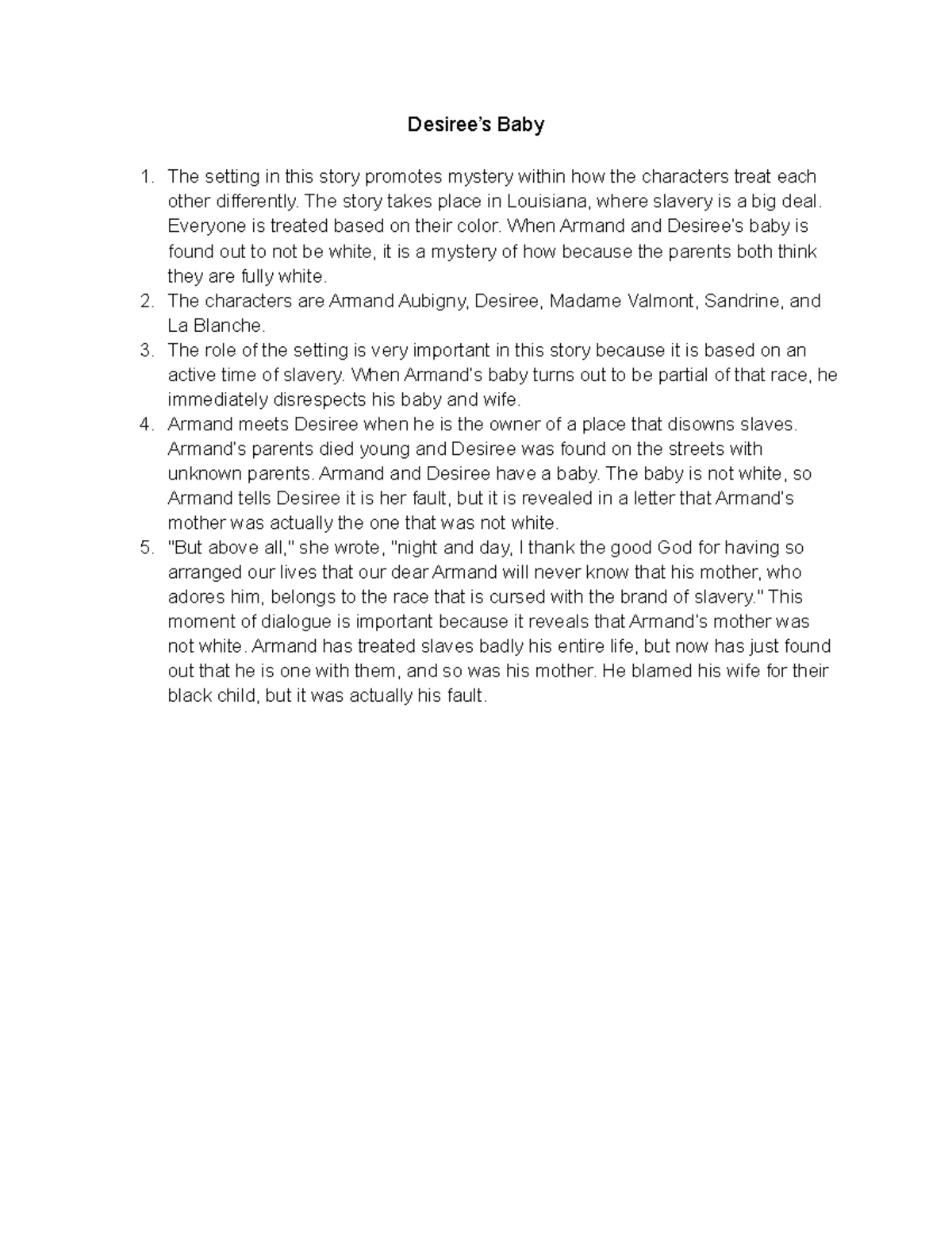 Desiree’s Baby - This answers the short story questions for Mrs. Pack's ...