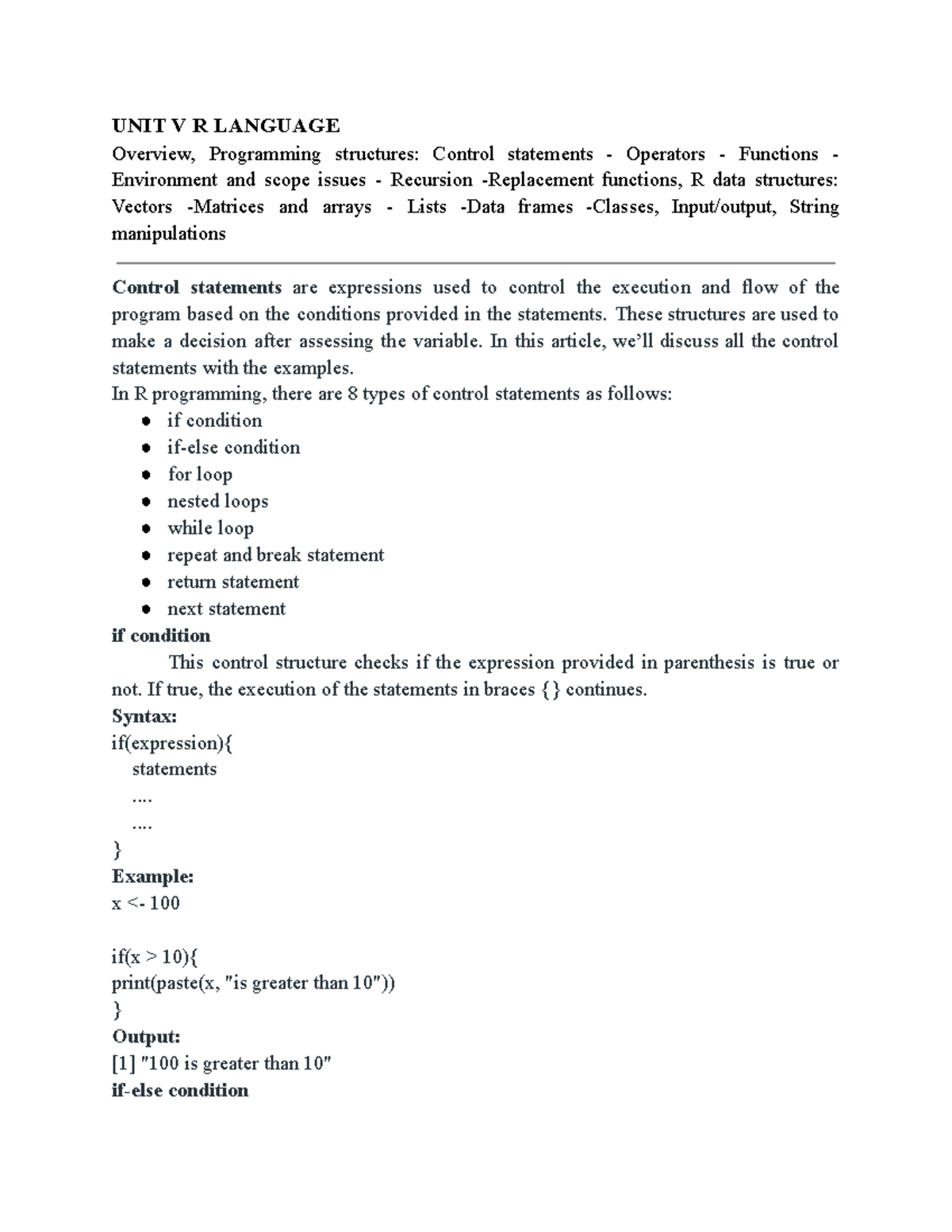 Control Statements - easy to learn - UNIT V R LANGUAGE Overview ...