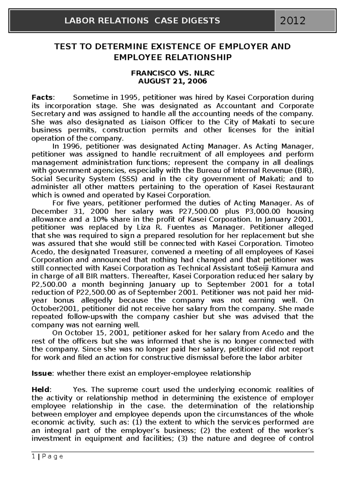 Labor Relations Case Digests (2012 ) - TEST TO DETERMINE EXISTENCE OF ...
