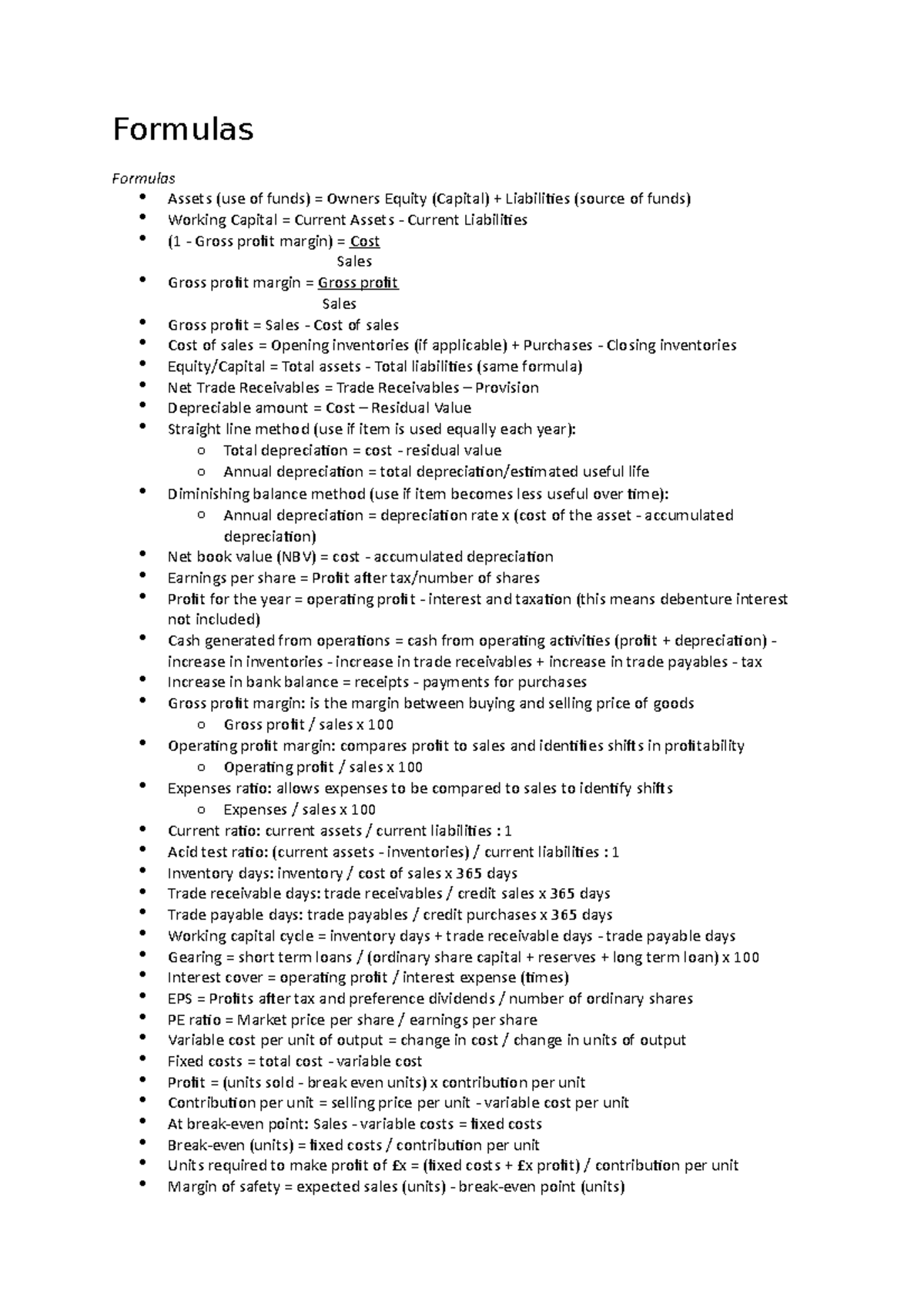 Accounting Formulas - Formulas Formulas Assets (use of funds) = Owners ...