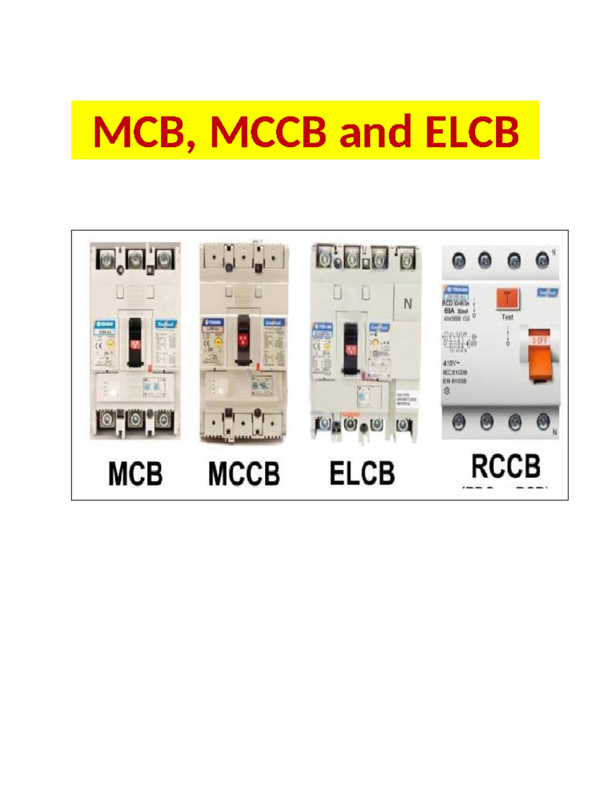 MCB,ELCB - Protective Devices - Electrical Diploma - MCB, MCCB and ELCB ...