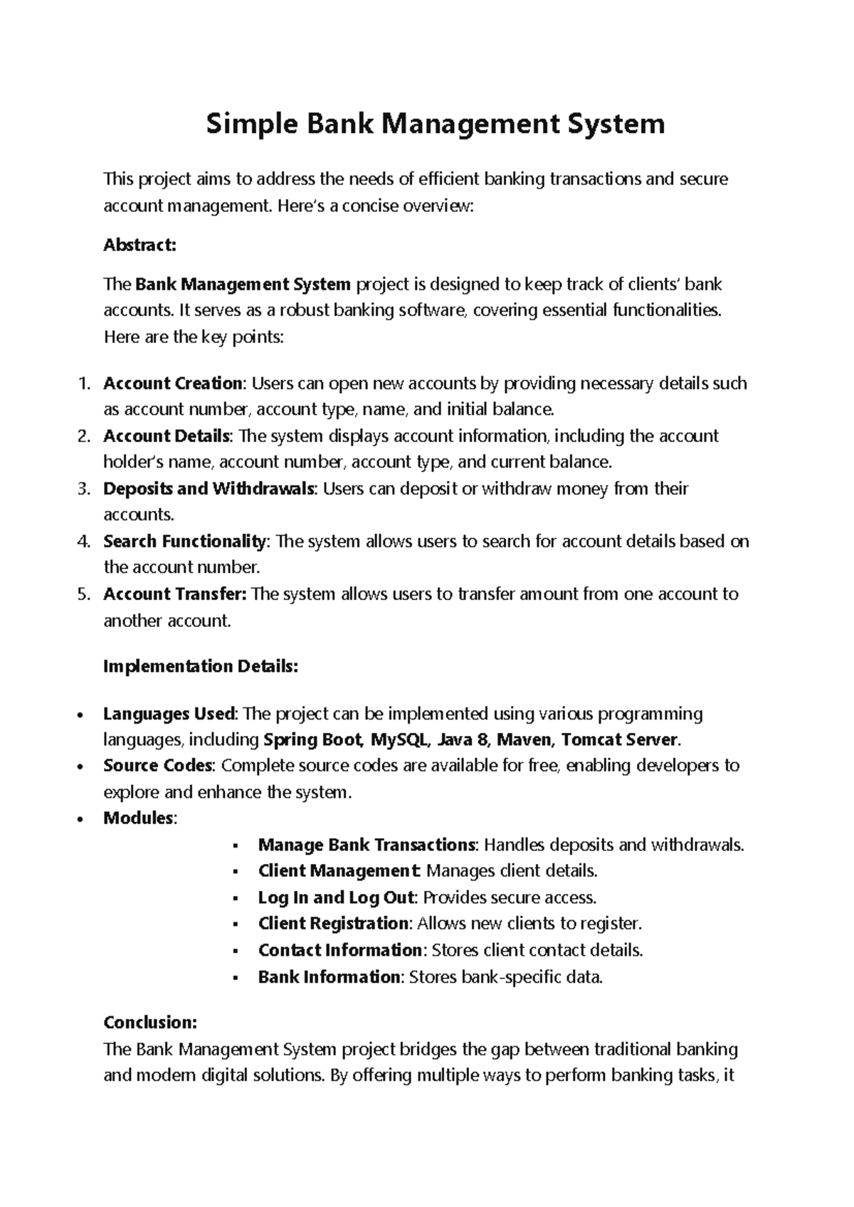Simple Bank Managment System - Here’s a concise overview: Abstract: The ...