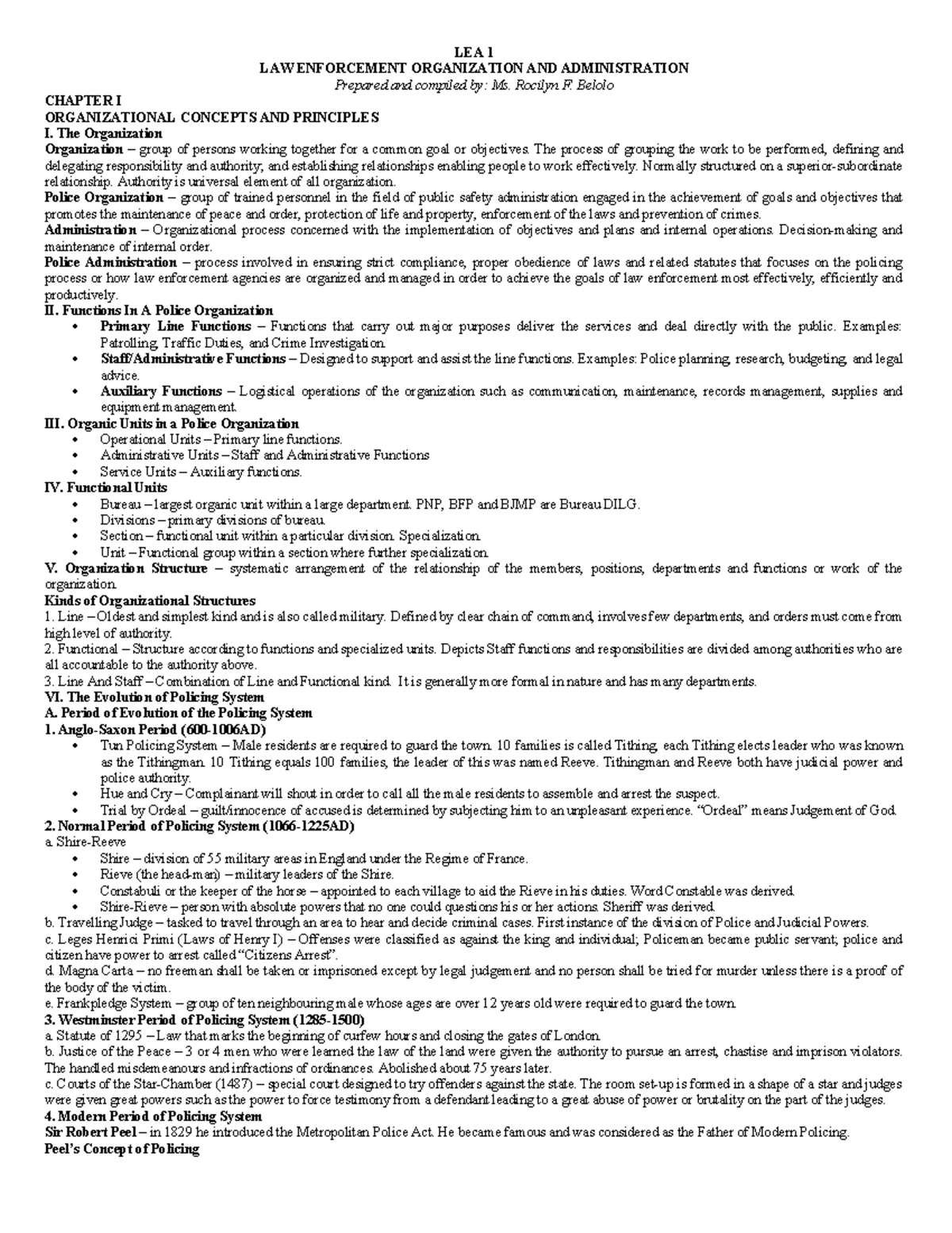 LEA 1 Reference - Lecture notes - LEA 1 LAW ENFORCEMENT ORGANIZATION ...