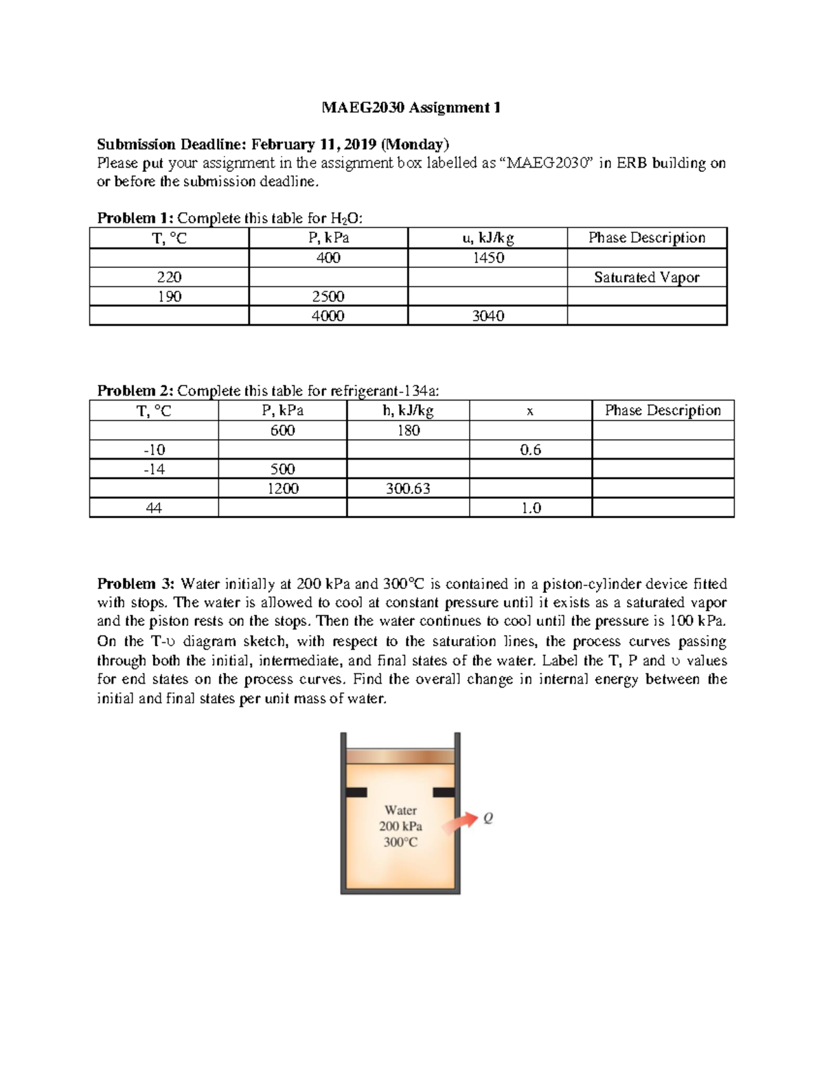 MAEG2030 Assignment 1 - Problem 1: Complete this table for H2O: P, kPa T, C 400 220 190 2500 ...