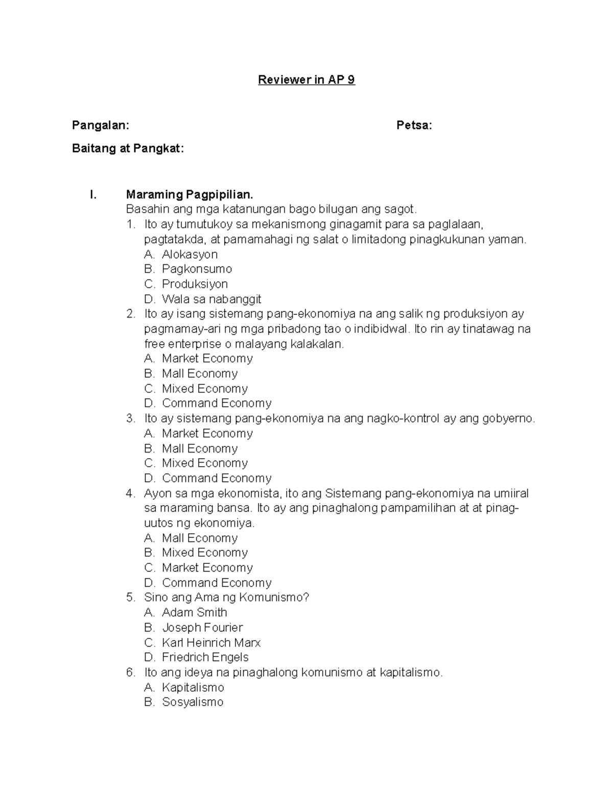 AP9 QUIZ Reviewer- Questionnaire - Reviewer in AP 9 Pangalan: Petsa ...