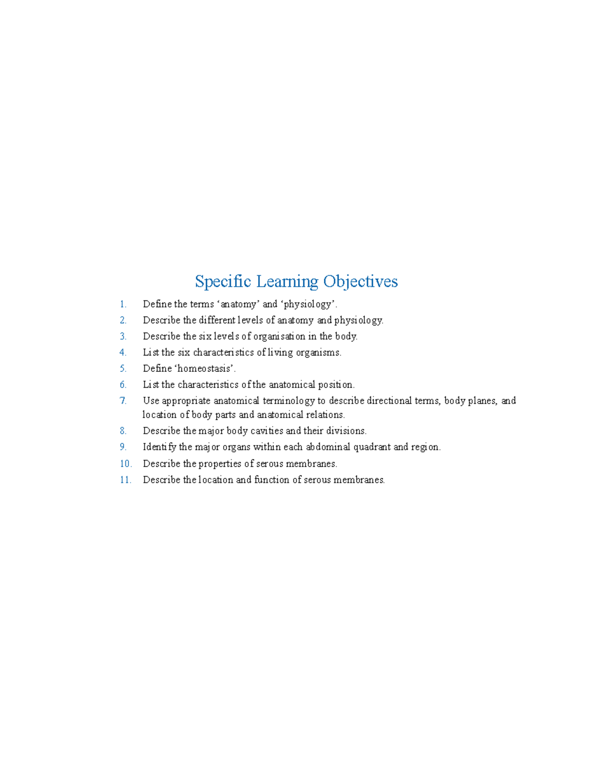 Compendium 1 - lecture note - Specific Learning Objectives Define the ...