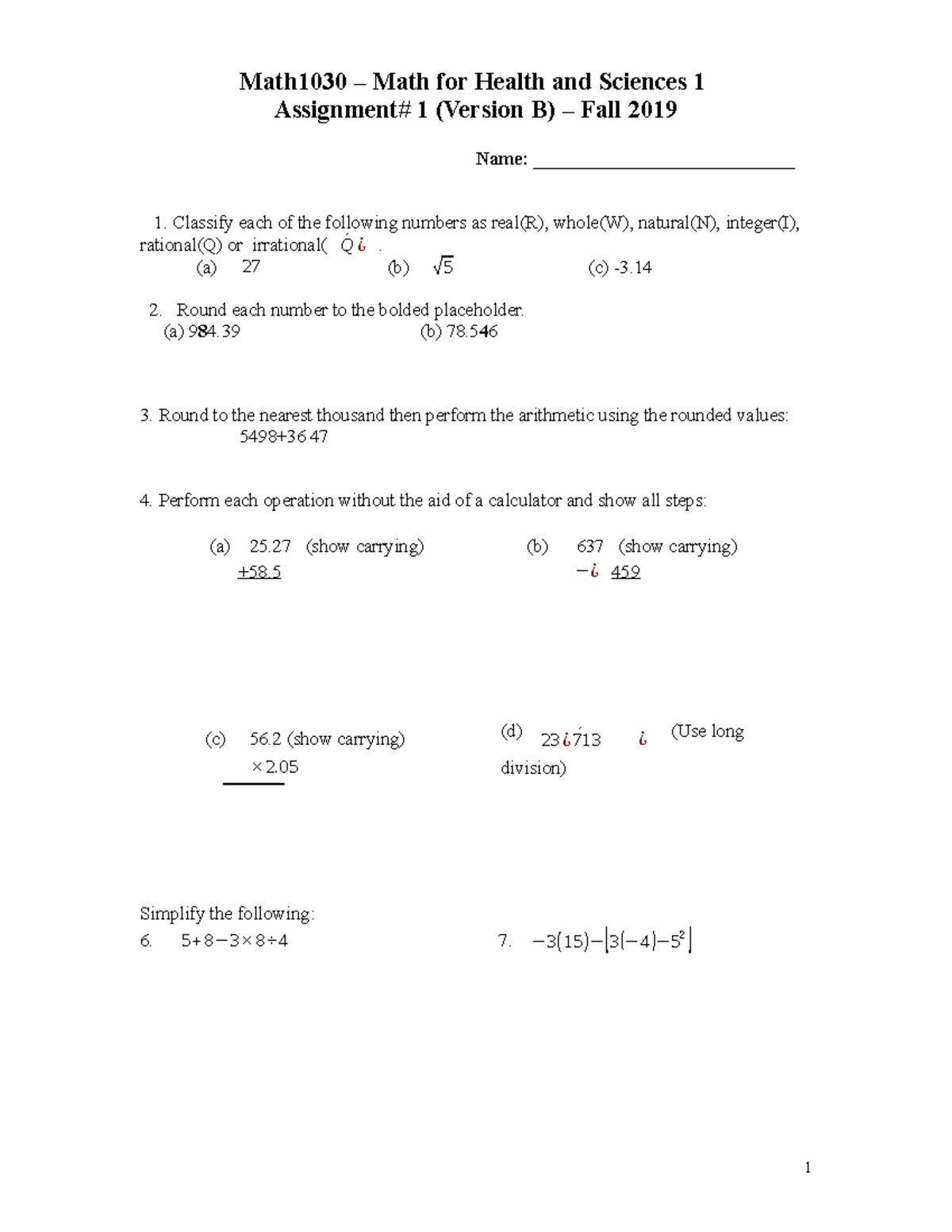 MATH 1030 Assignment 1B FALL 2019 - Math1030 Math for Health and ...