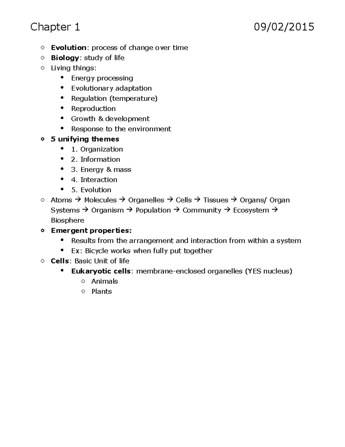 Bio 130 Notes part 2 - Chapter 1 09/02/ o Evolution : process of change ...
