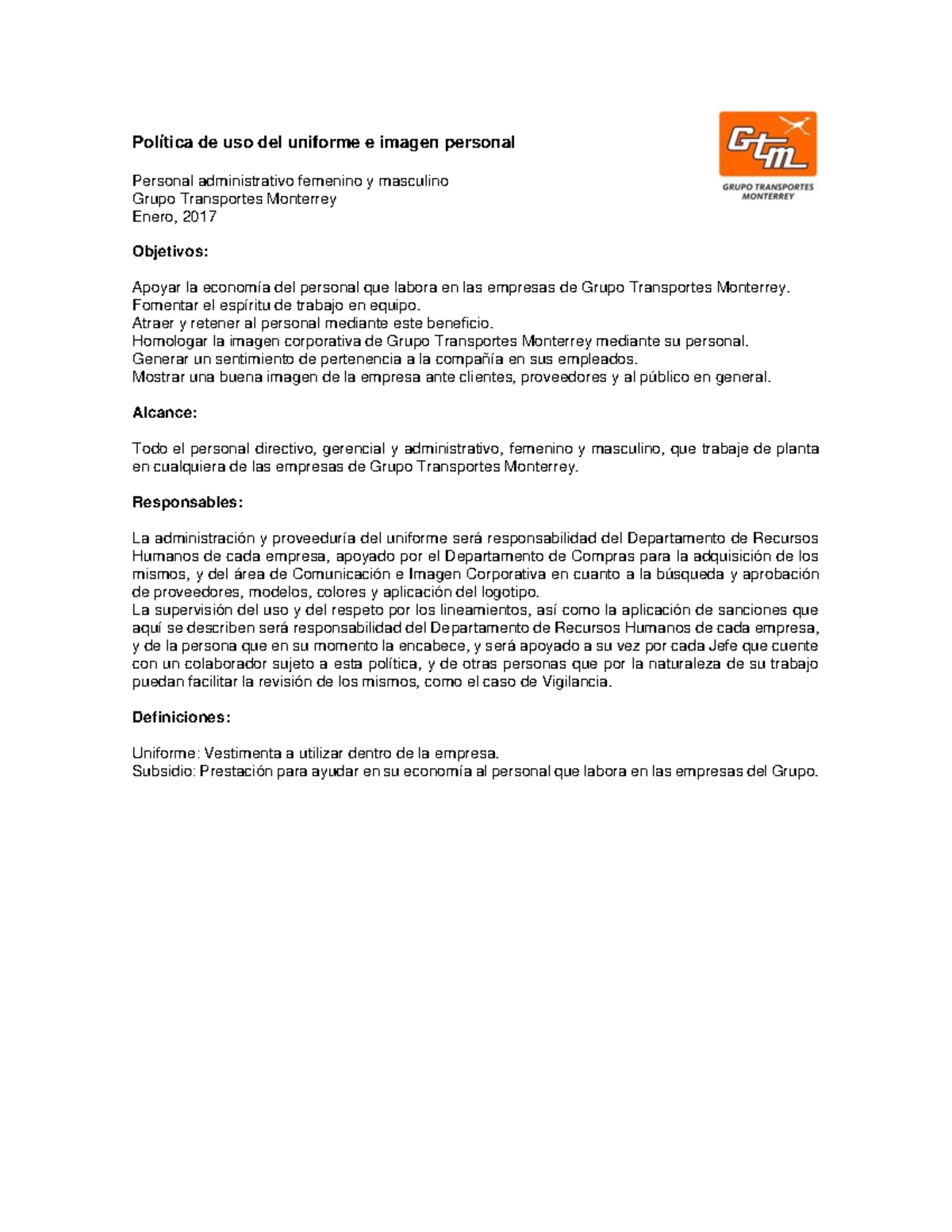 Pol tica de uso del uniforme e imagen personal ene 2017 - Política de uso del uniforme e imagen ...