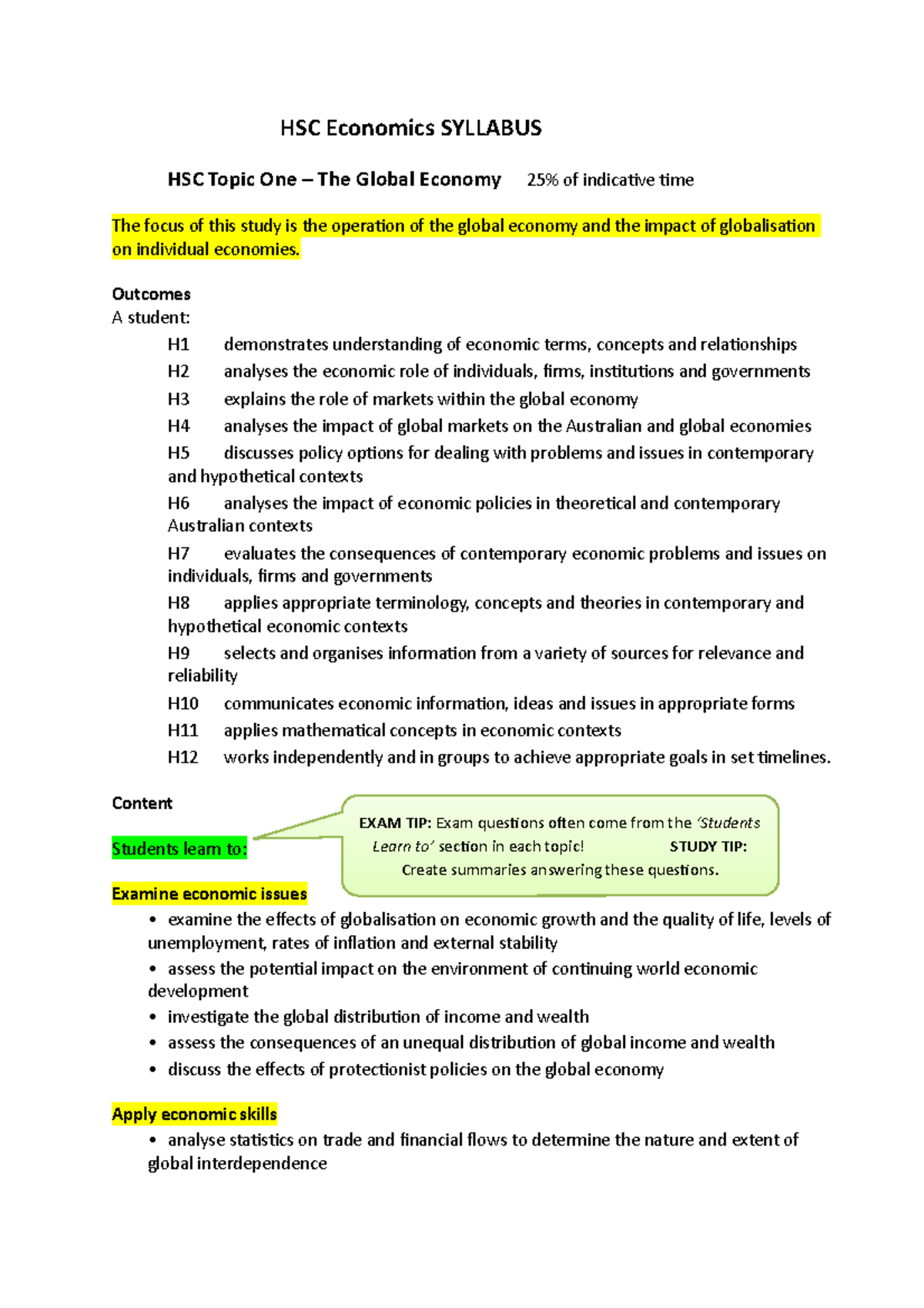 Economics Syllabus - notes - HSC Economics SYLLABUS HSC Topic One – The ...