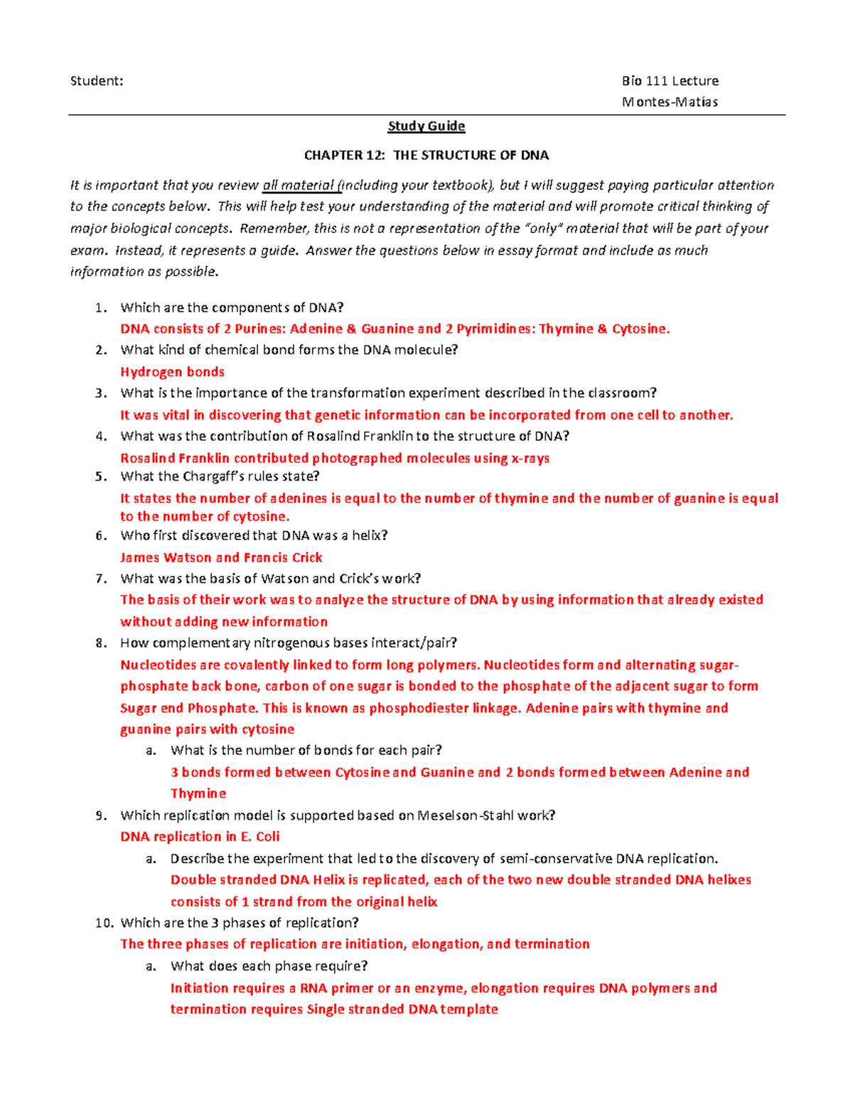 Ch 12 Study Guide- DNA Structure and Replication - Student: Bio 111 ...