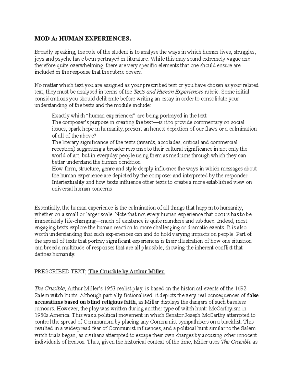 English advanced notes, Common Module - MOD A: HUMAN EXPERIENCES ...