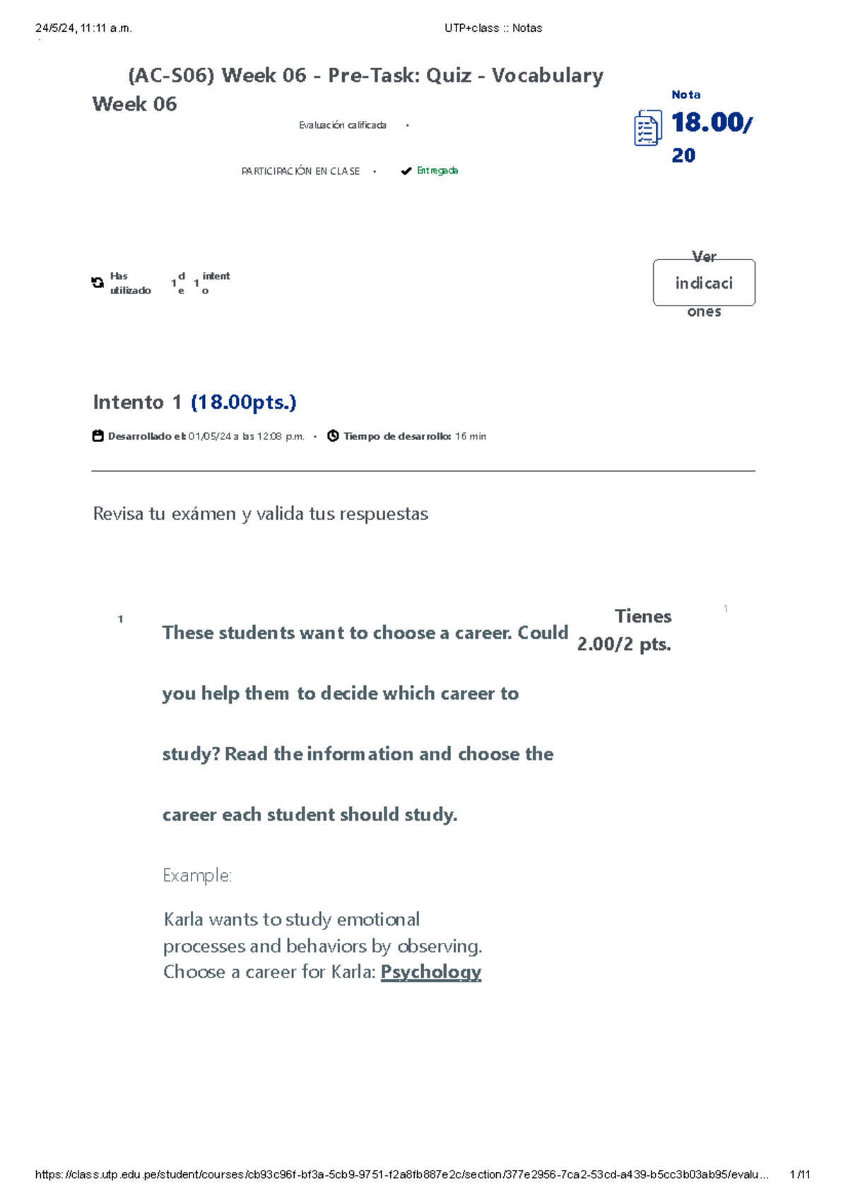 (AC-S06) Week 06 - Pre-Task Quiz - Vocabulary Week 06 - Intento 1 (18 ...