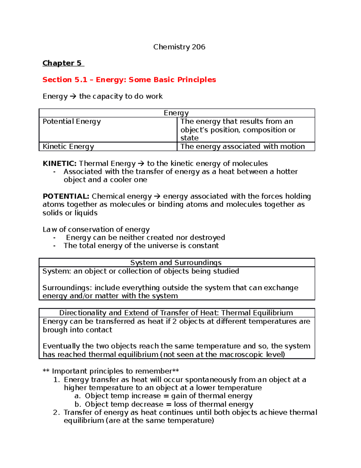 Chemistry 206 Chapter 5 Notes. Thermodynamics and Law of ...