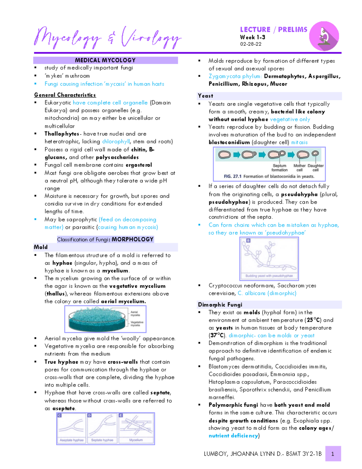MYCV LEC Prelims WEEK1 3 Merged - LECTURE PRELIMS Week MEDICAL MYCOLOGY study of medically ...