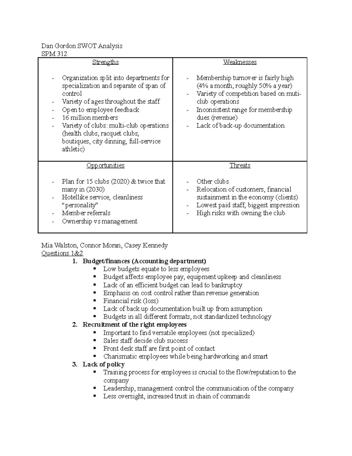 Dan Gordon SWOT Analysis - Budget/finances (Accounting department) Low ...