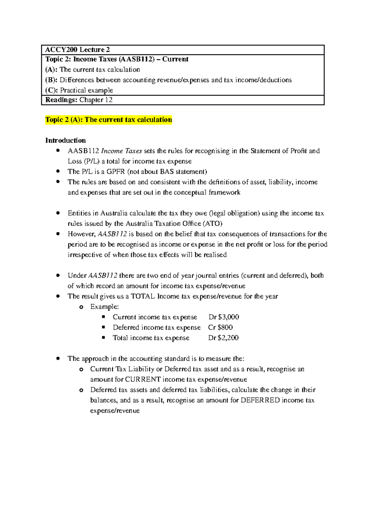 ACCY200 Lecture 2 Notes - ACCY200 Lecture 2 Topic 2: Income Taxes ...