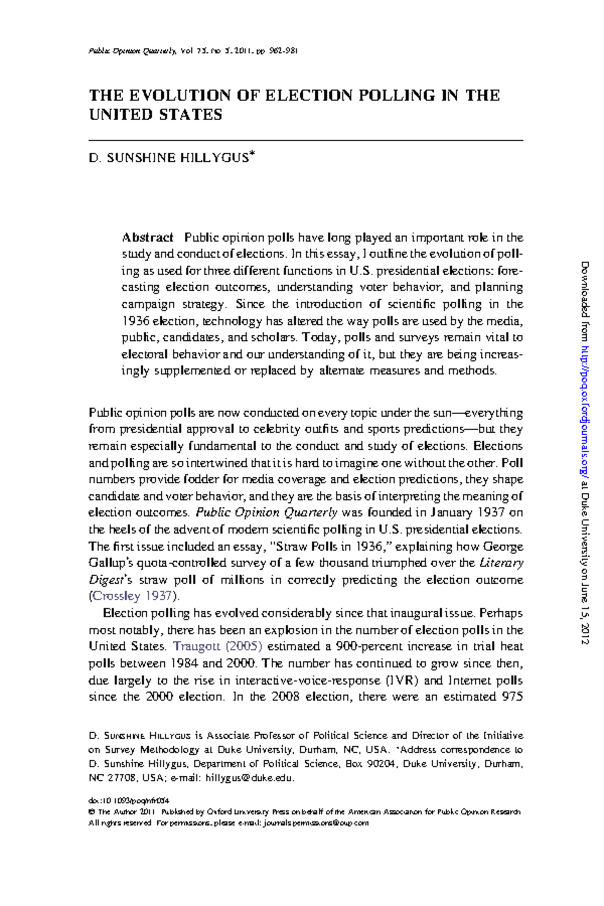THE Evolution OF Election Polling - Public Opinion Quarterly, Vol. 75 ...