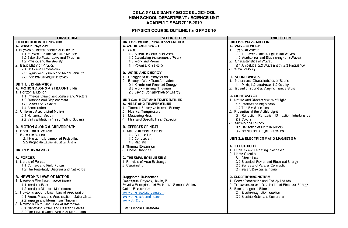 Course Outline for Grade 10 Science 1819 - DE LA SALLE SANTIAGO ZOBEL ...