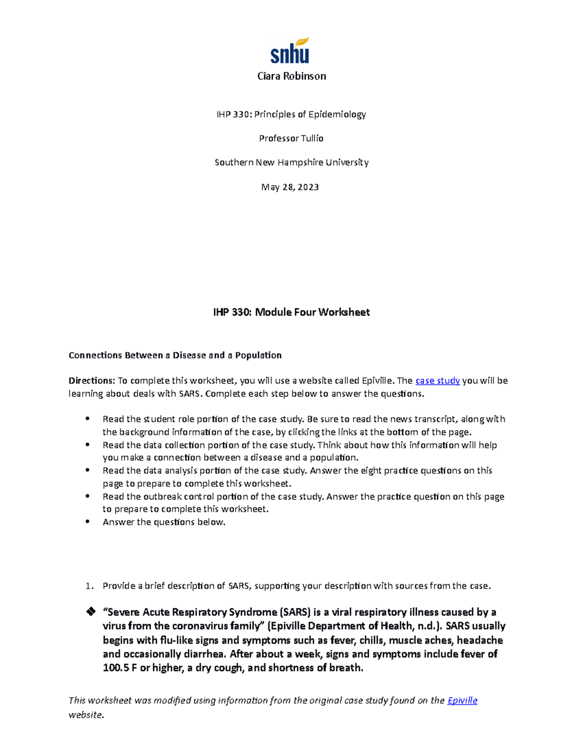 IHP 330 Module Four Worksheet - Ciara Robinson IHP 330: Principles of ...