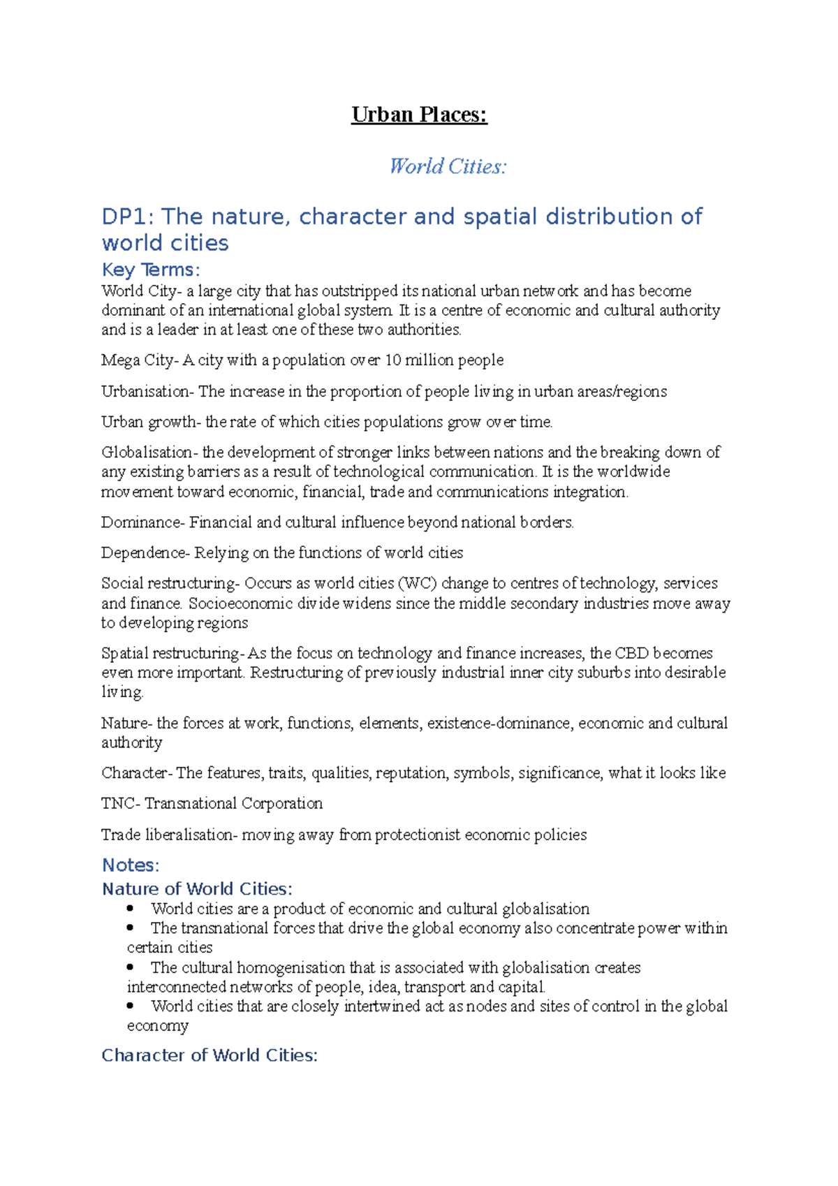 DB HSC Geography Notes P2 - Urban Places: World Cities: DP1: The nature ...