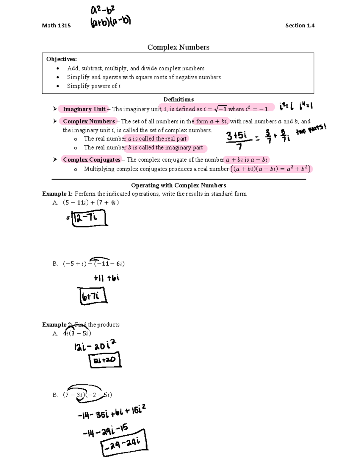 Algebra Section 1.4 - Math 1315 Section 1. Complex Numbers Definitions ...