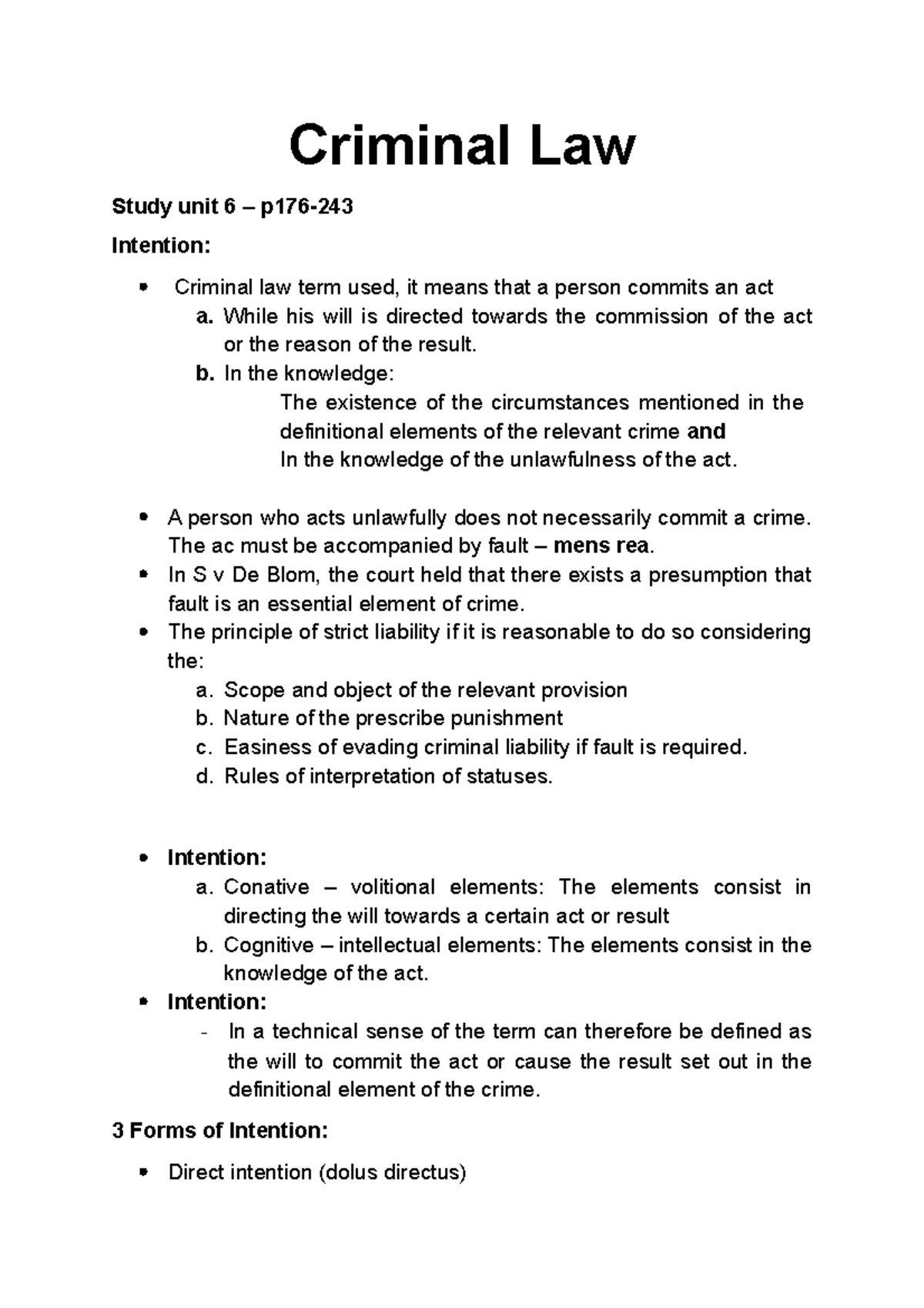 Criminal Law Notes - Criminal Law Study unit 6 – p176- Intention ...