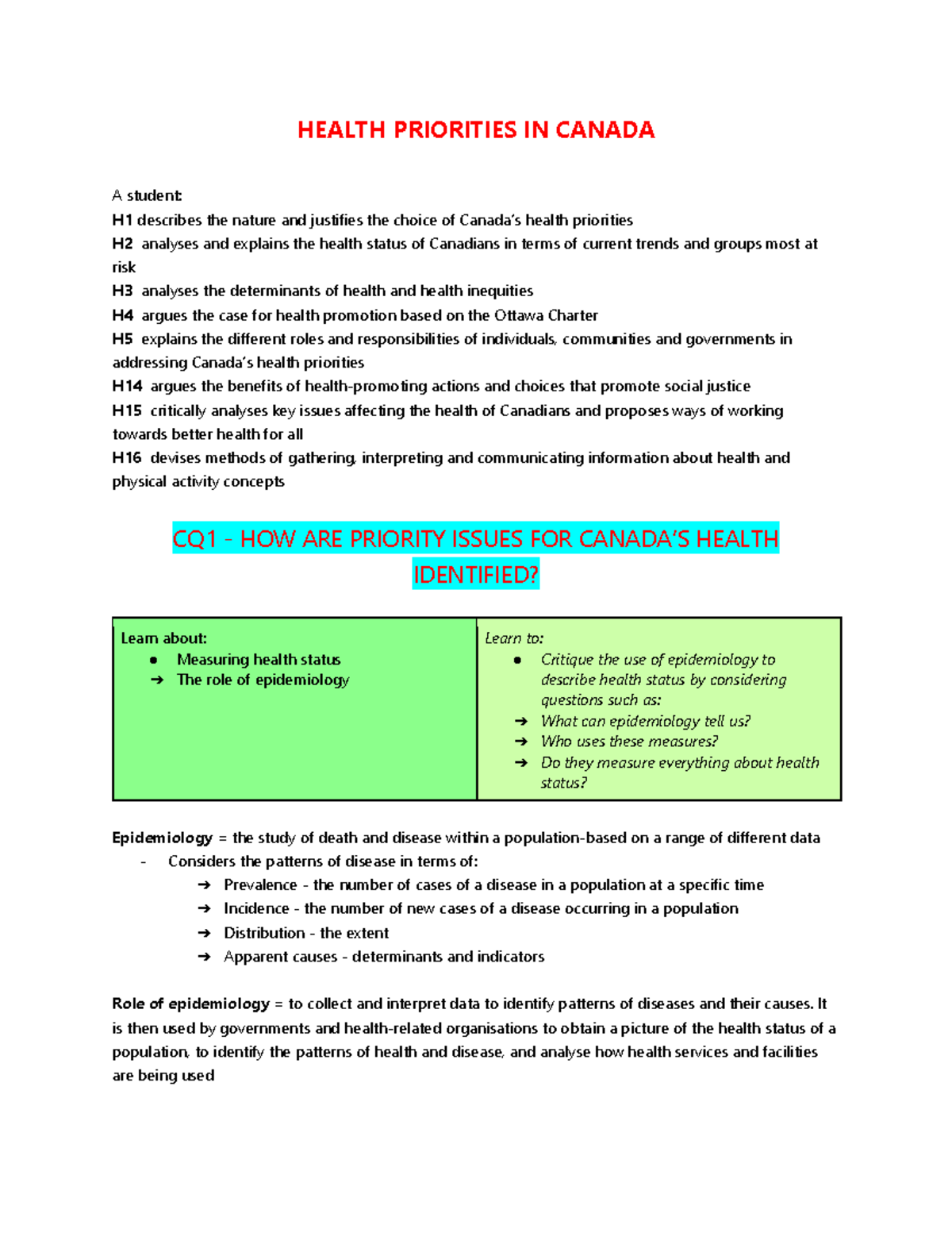 Health priorities in Canada - HEALTH PRIORITIES IN CANADA A student: H1 ...