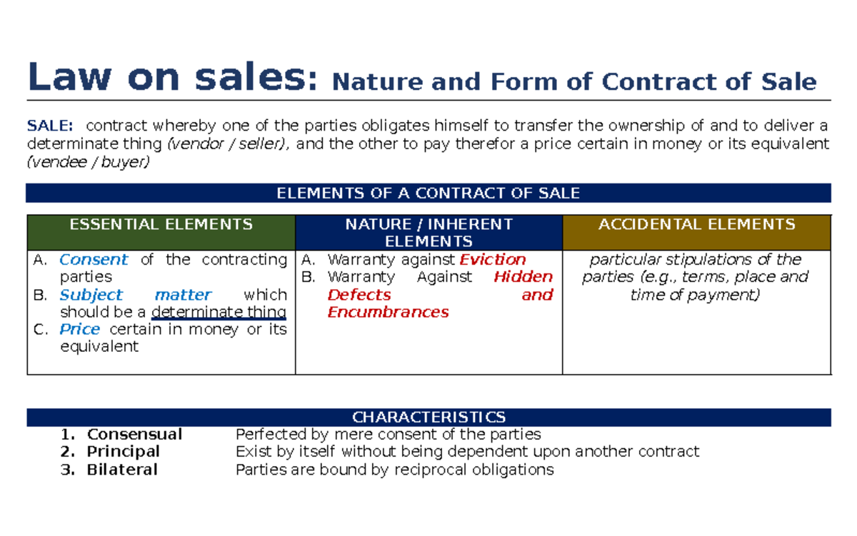 Sales Chapter 1 - Law on sales: Nature and Form of Contract of Sale ...