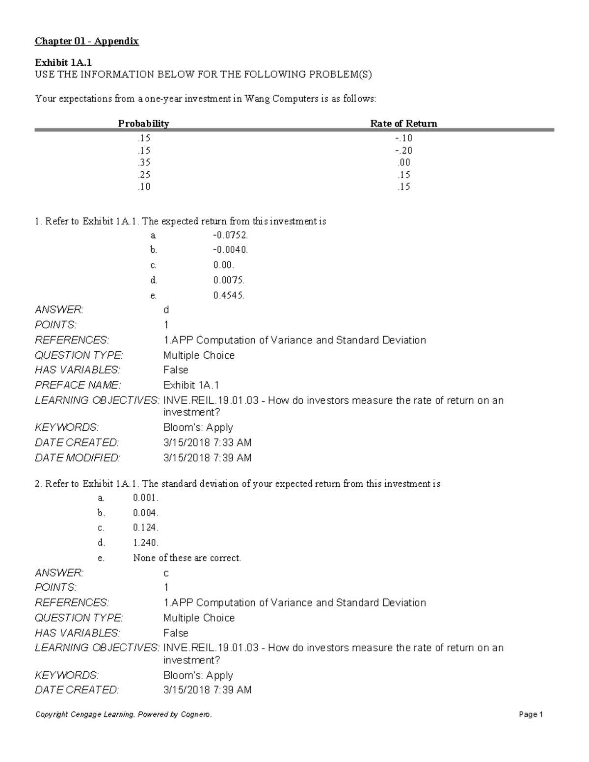 Chapter 01 Appendix - Investment Analysis - Chapter 01 - Appendix Exhibit 1A. USE THE ...