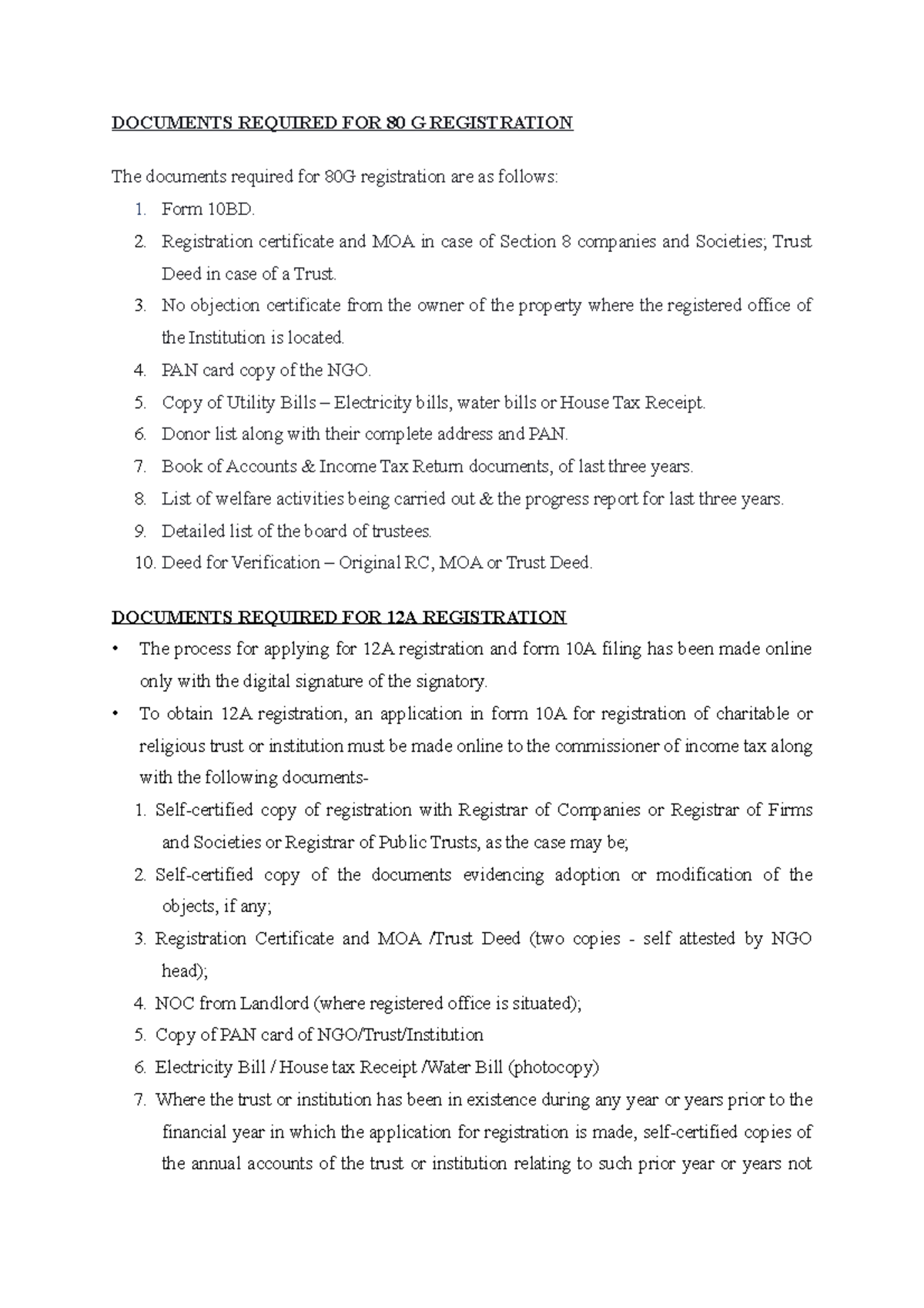 80 G, 12A AND SEC. 8 - notes - DOCUMENTS REQUIRED FOR 80 G REGISTRATION ...