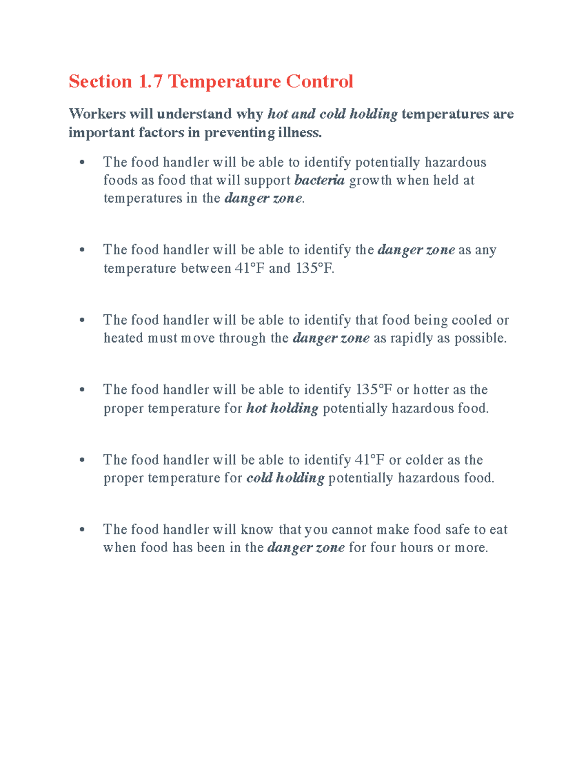 Food1 - textbook - Section 1 Temperature Control Workers will ...