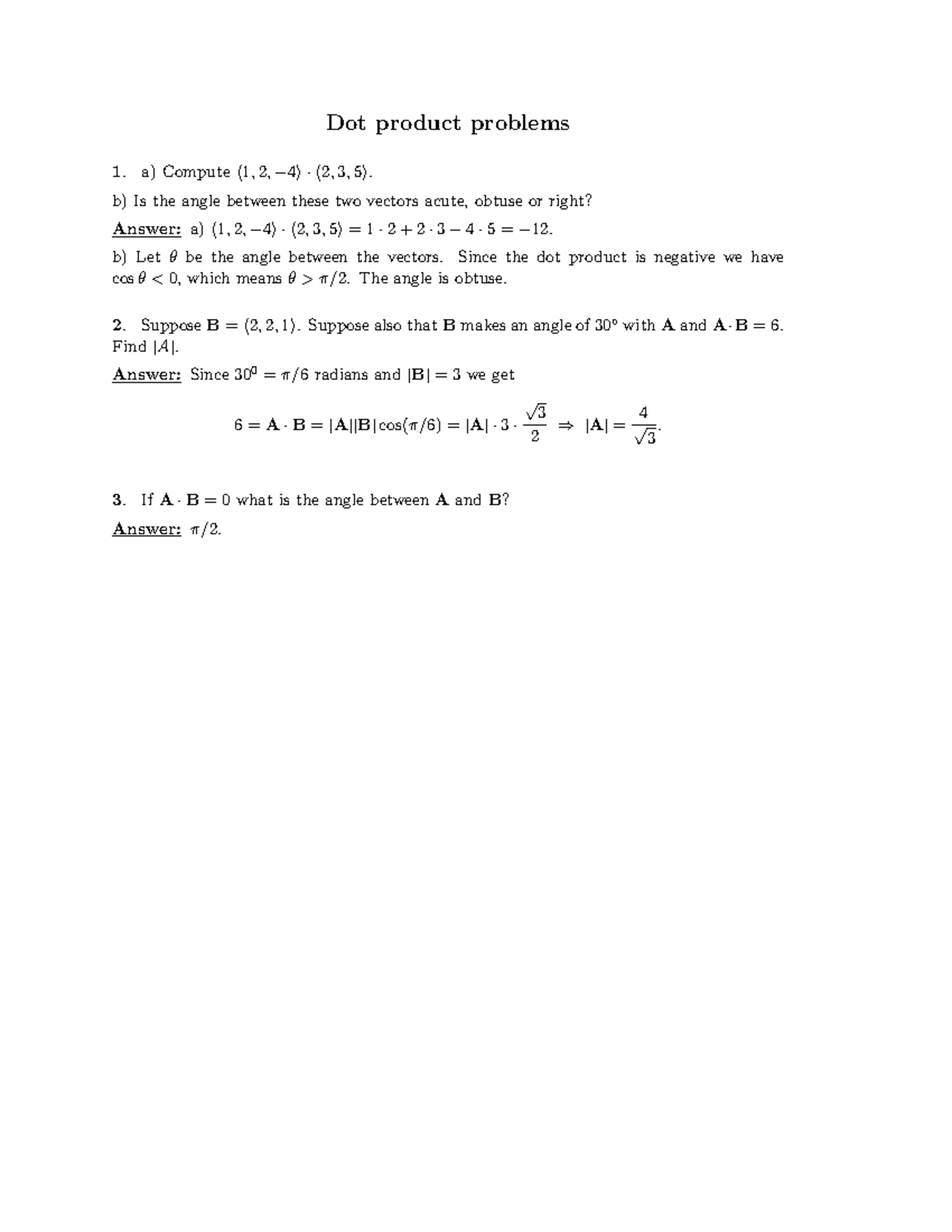 Dot-product 3 - Solutions to dot product 2 - Dot product problems a ...