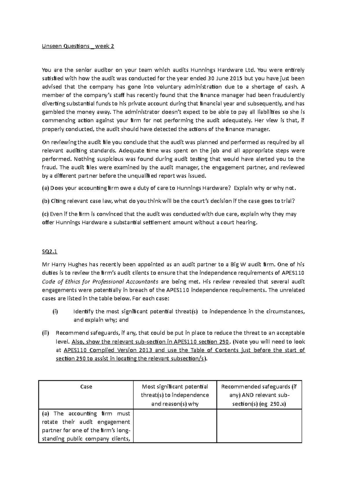 Unseen Questions for students - Unseen Questions _ week 2 You are the ...