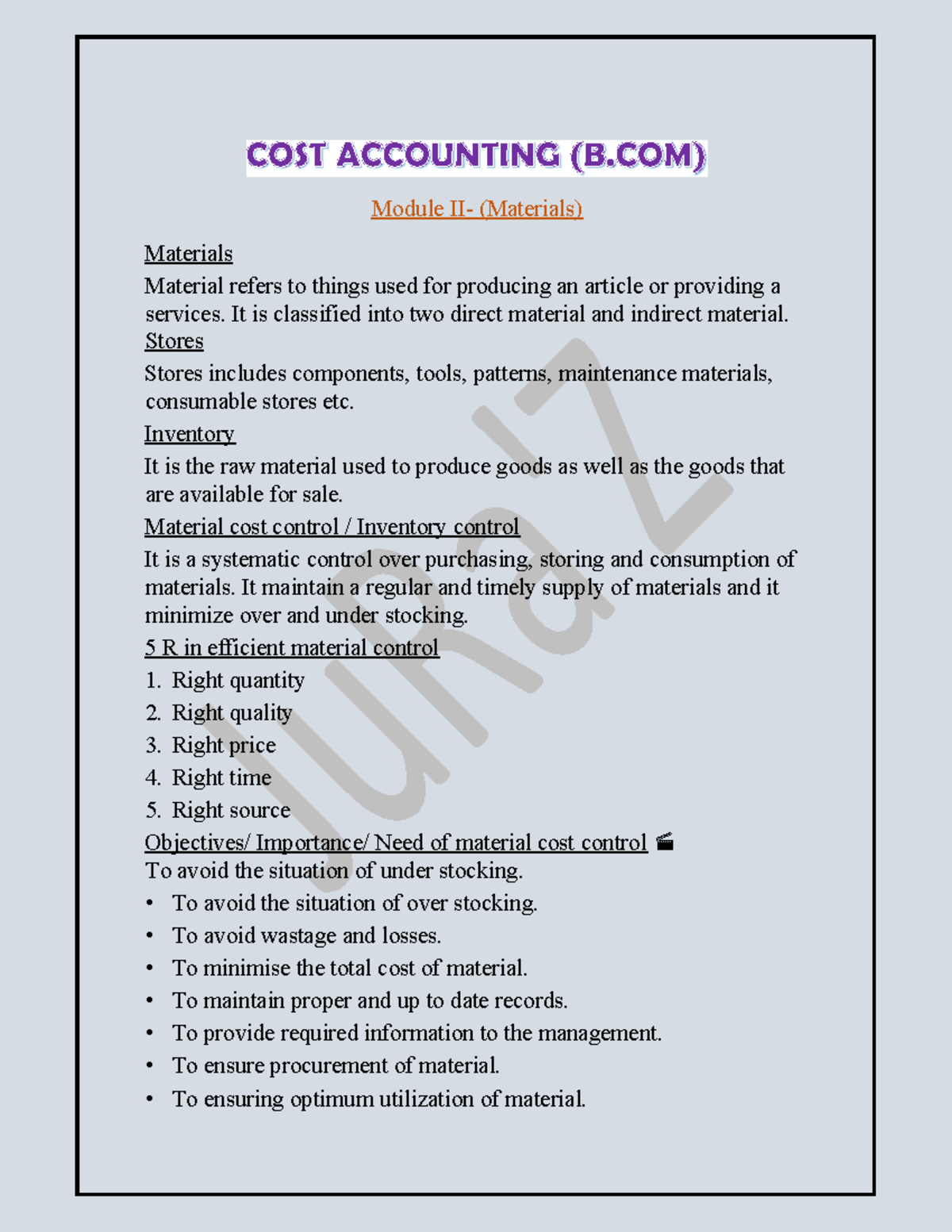 Calicut University cost accounting short notes b.com module 2 - Module ...