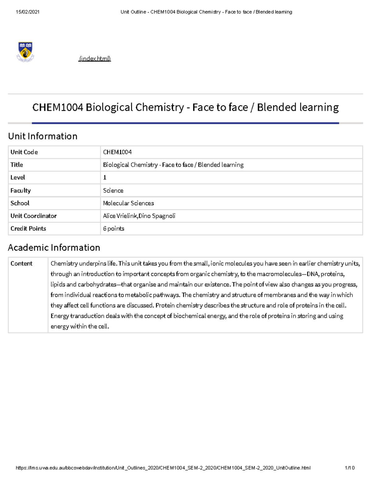 Unit Outline - CHEM1004 Biological Chemistry - Face to face Blended ...