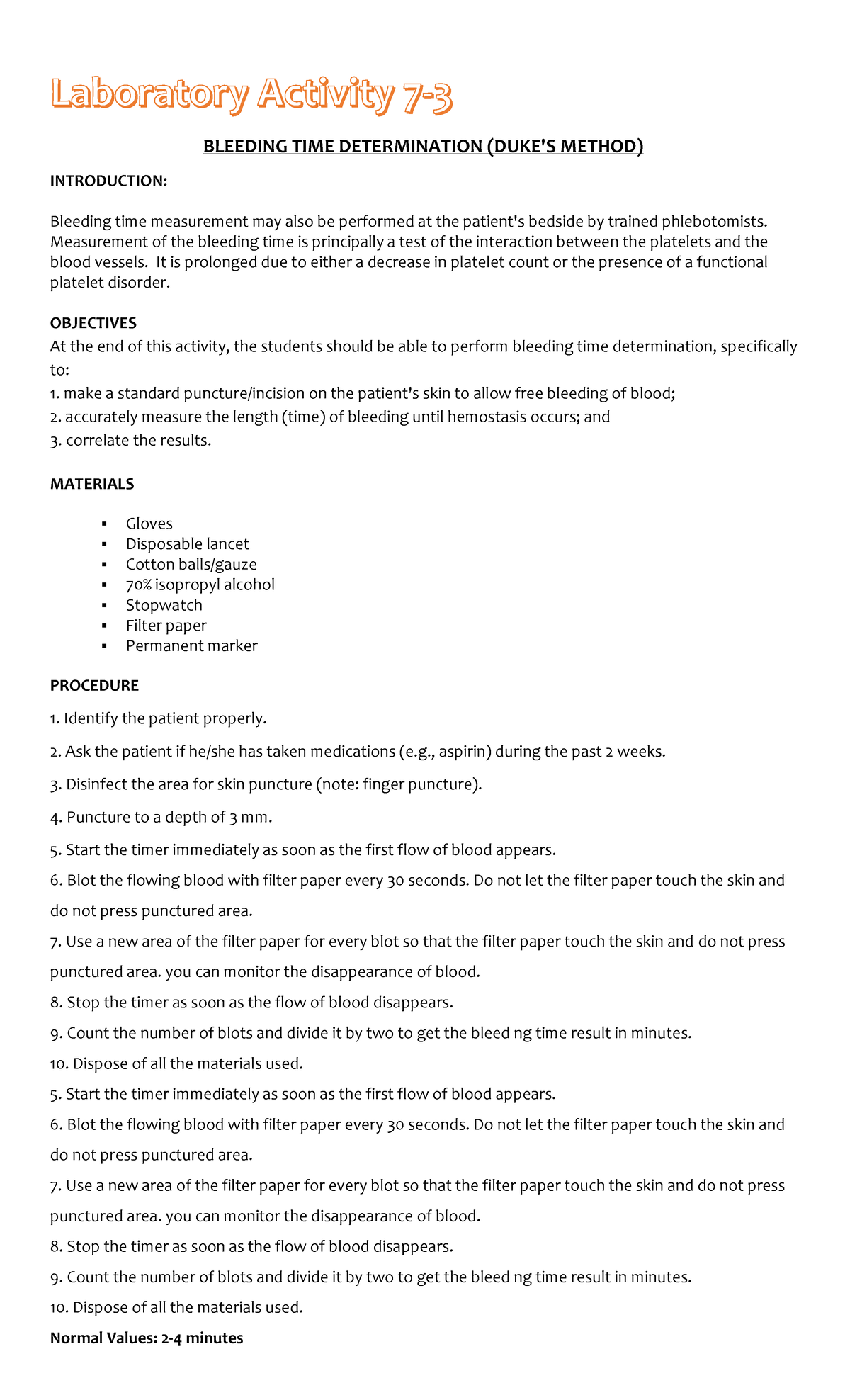 MLSP Bleeding Coagulation TIME - BLEEDING TIME DETERMINATION (DUKE'S ...