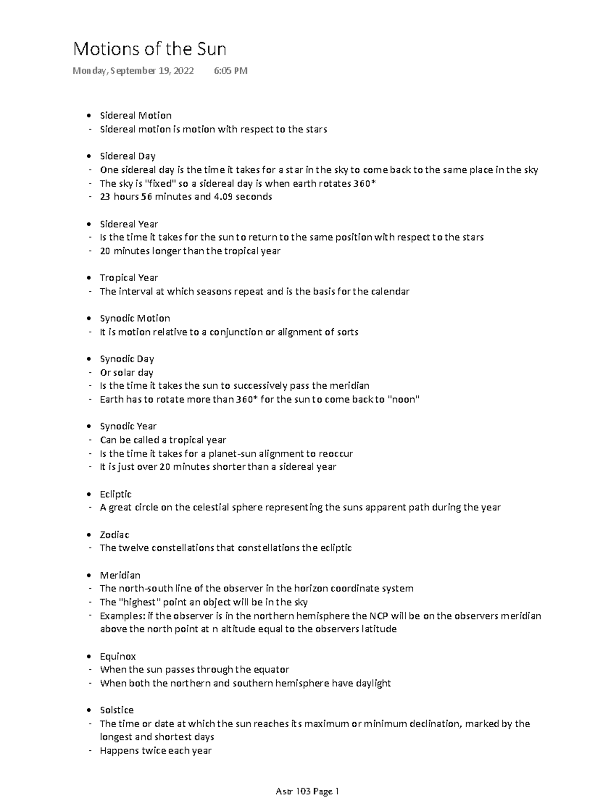Motions of the Sun Model Notes - Sidereal Motion Sidereal motion is ...