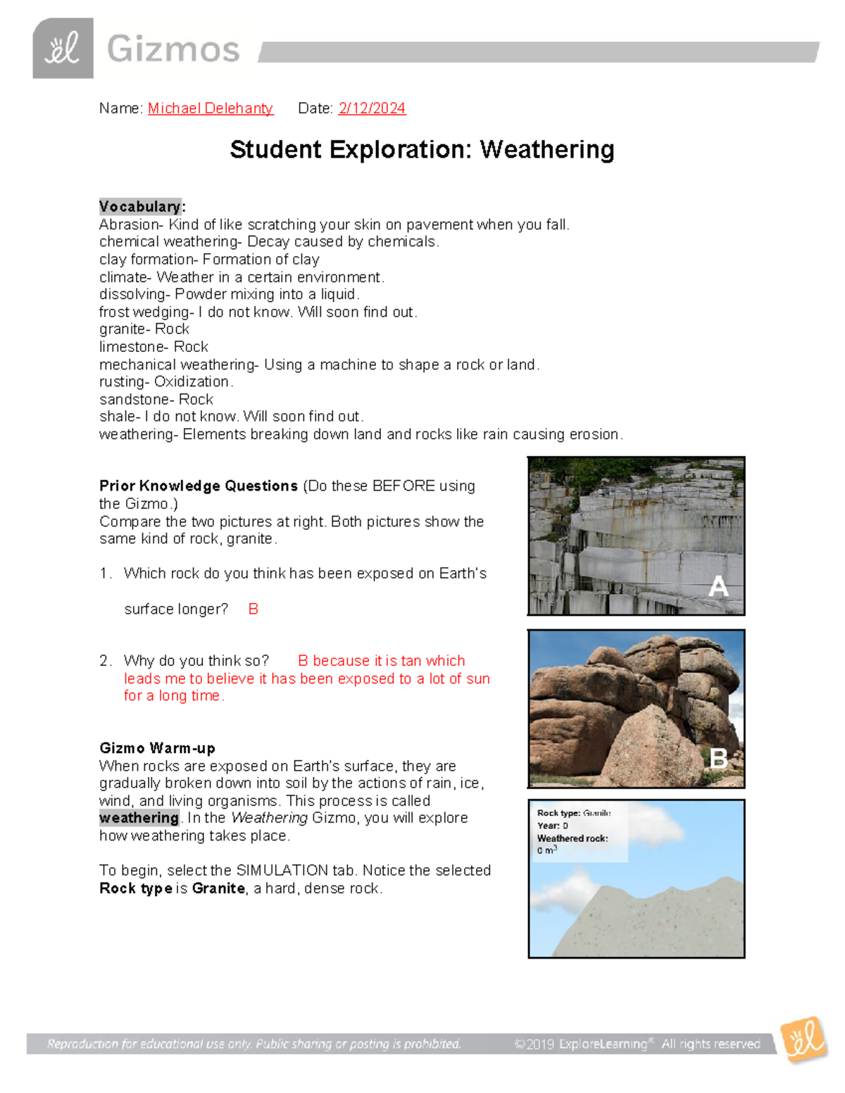 Weathering Gizmo - Name: Michael Delehanty Date: 2/12/ Student ...