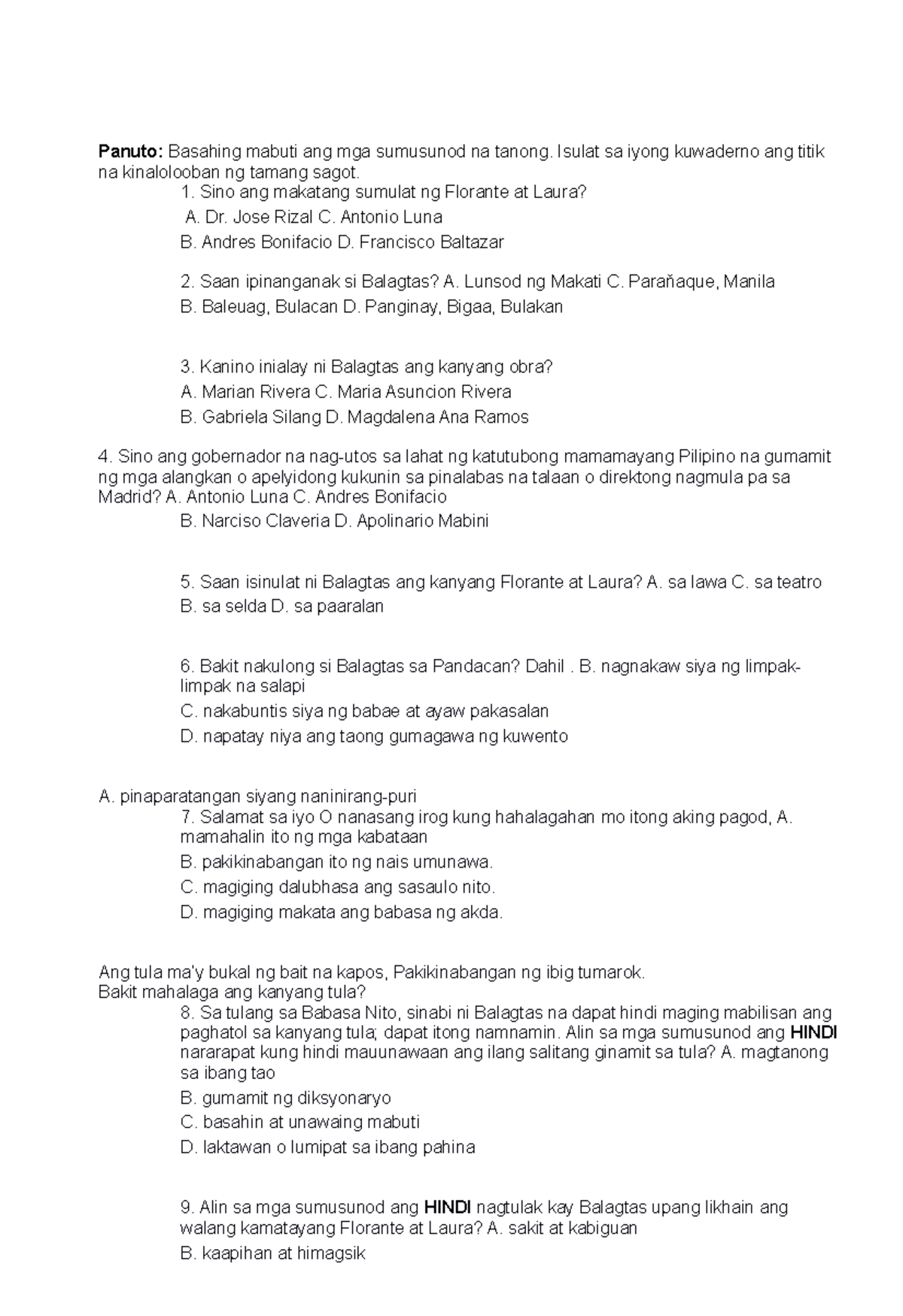 Filipino 8 - TEST - Panuto: Basahing mabuti ang mga sumusunod na tanong ...