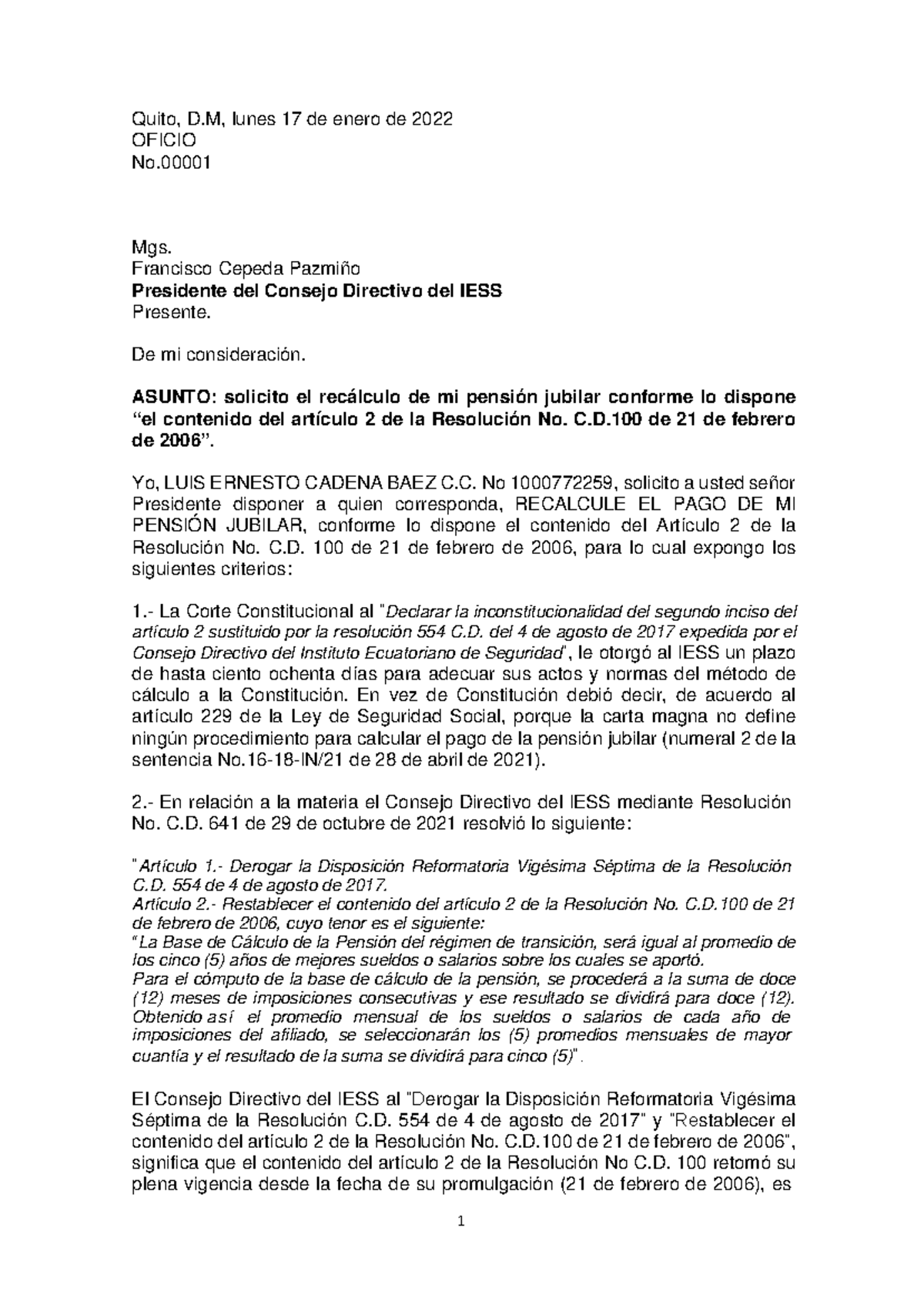 Carta LUIS Cadena Pension Jubilar IESS - 1 Quito, D, lunes 17 de enero ...