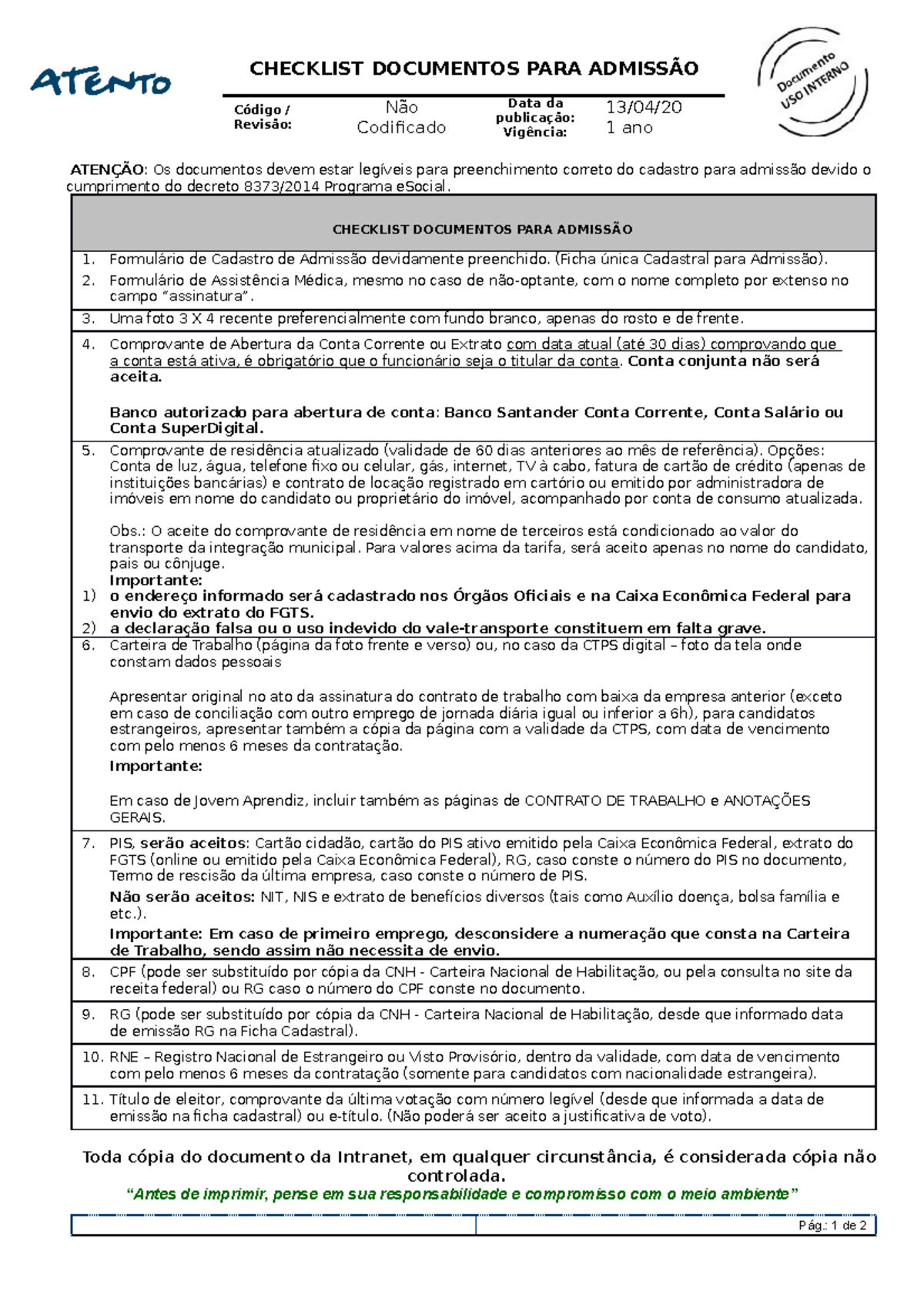 Checklist documentos para admissão Operacional e Administrativo ...