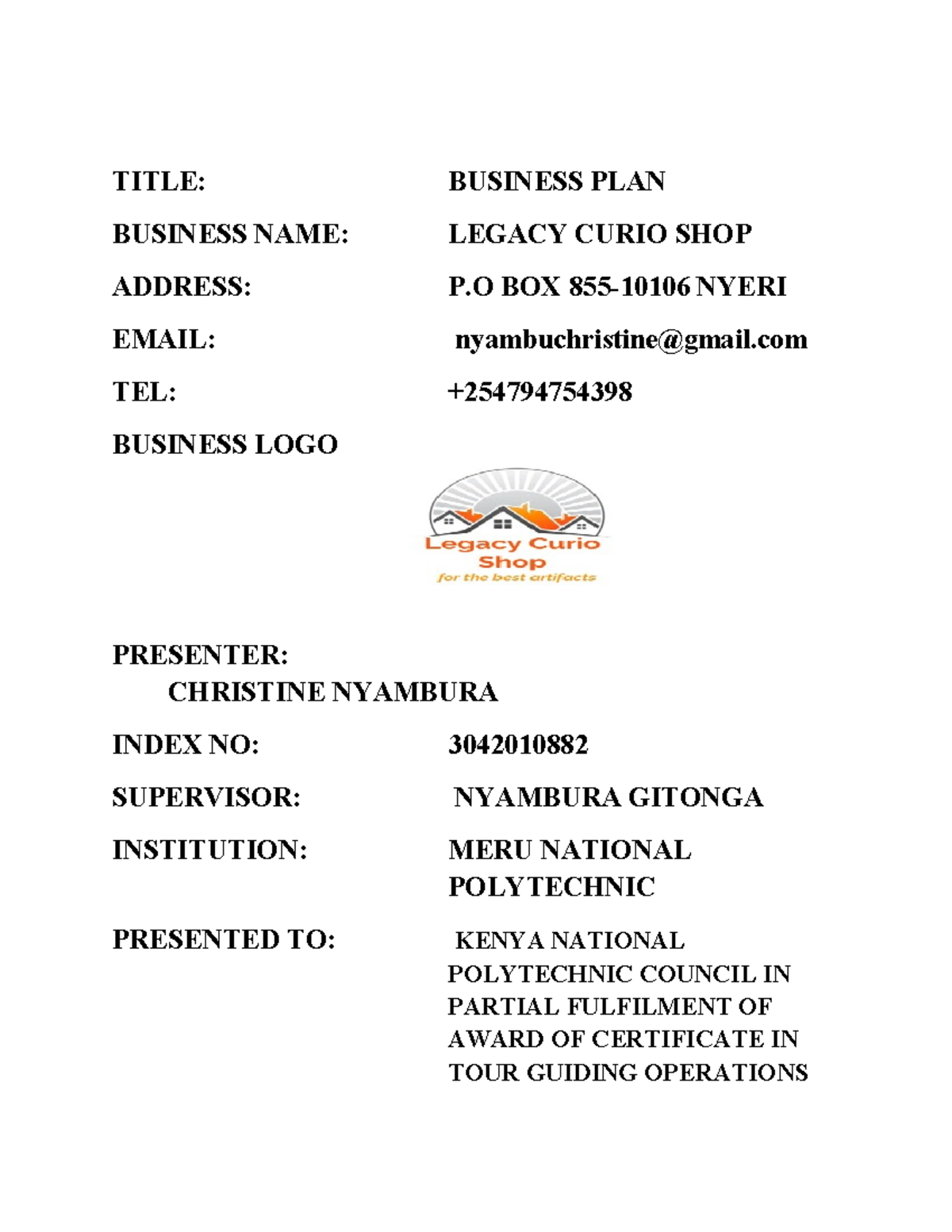Christine Nyambura Business PLAN - TITLE: BUSINESS PLAN BUSINESS NAME ...