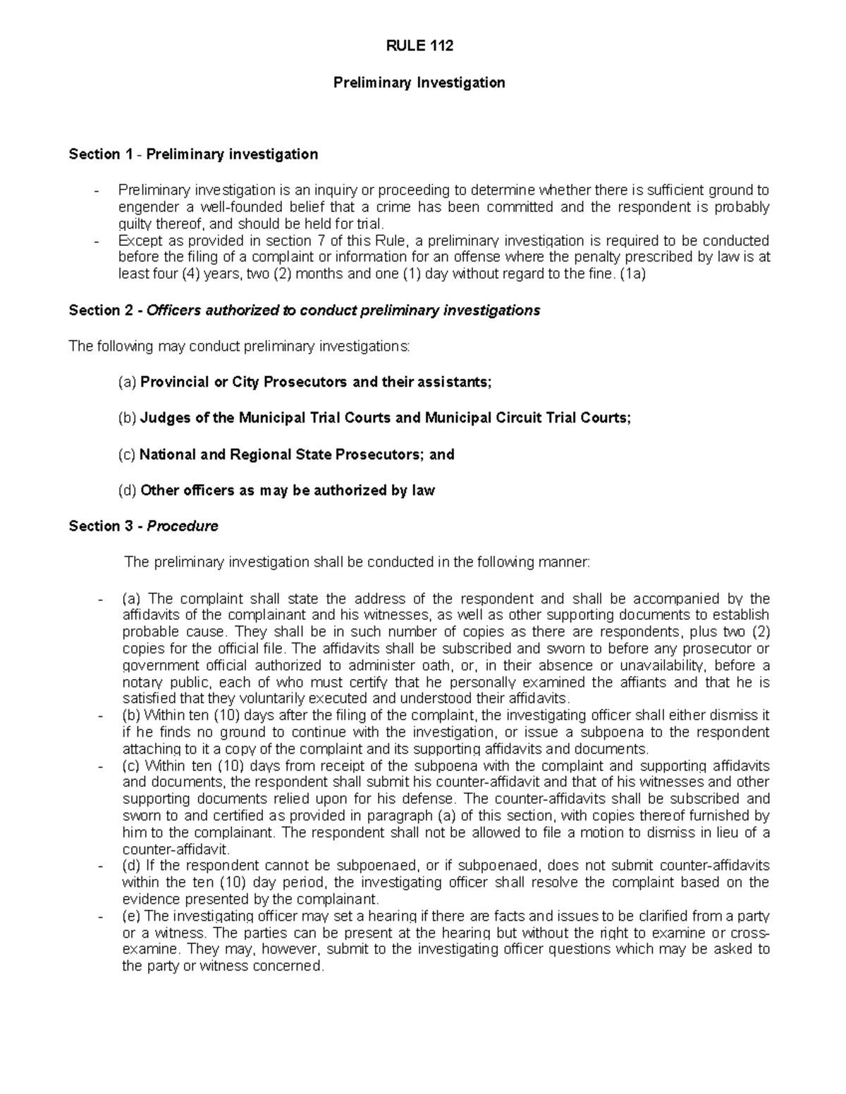 RULE 112 - Report Summary - RULE 112 Preliminary Investigation Section ...