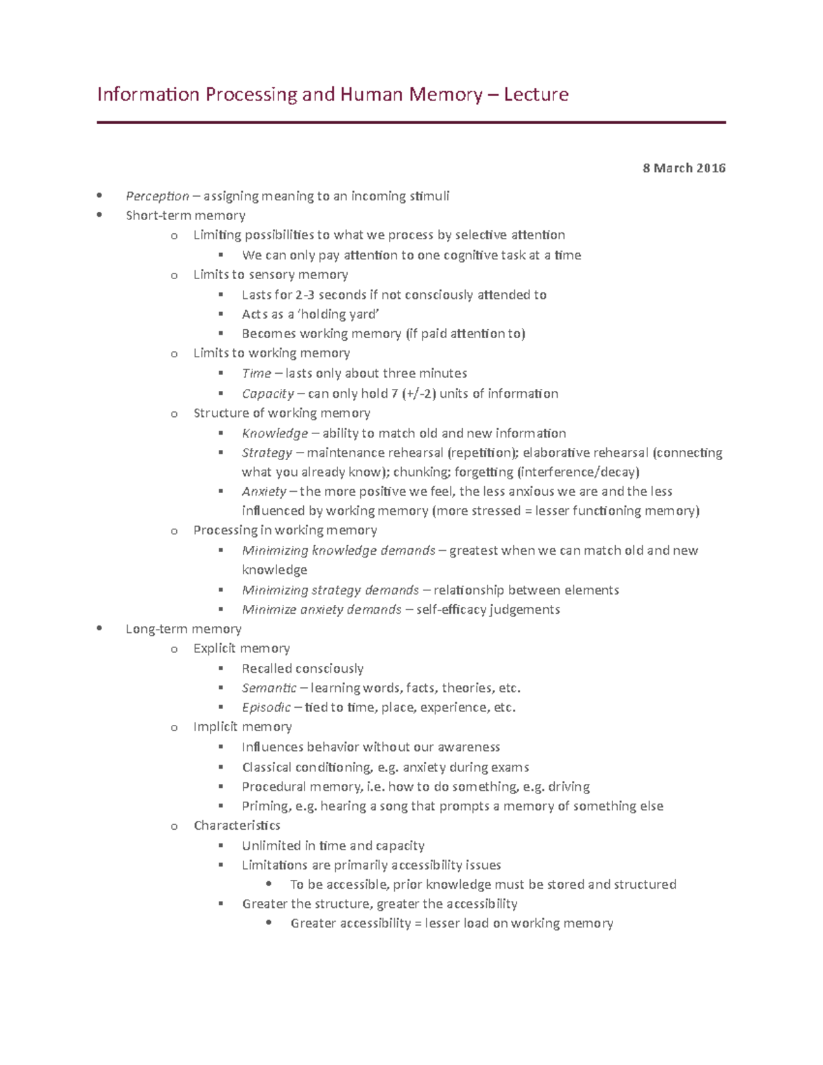 Information Processing and Human Memory – Lecture - Episodic tied to ...